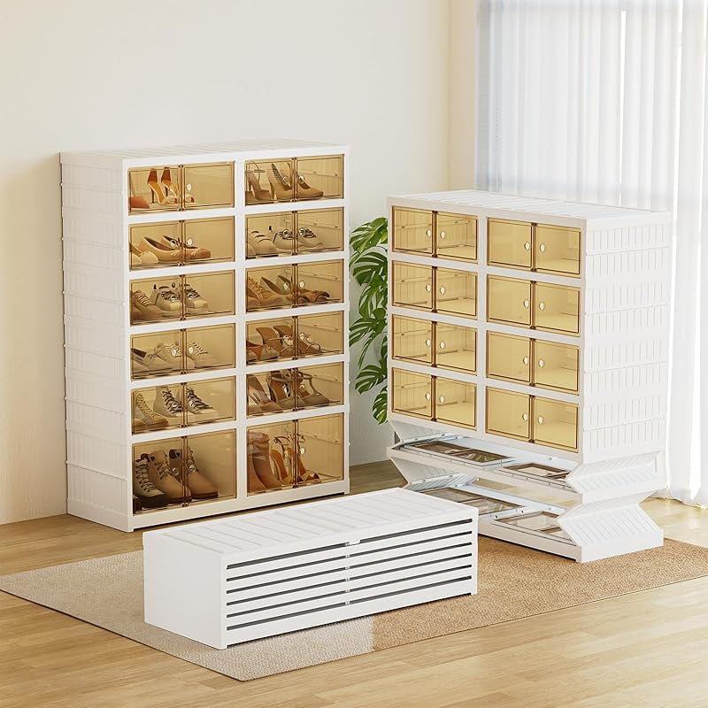 Foldable Shoe Rack Organizer for Closet, 12 Pairs Plastic Shoe Storage Cabinet, Collapsible Shoe ...