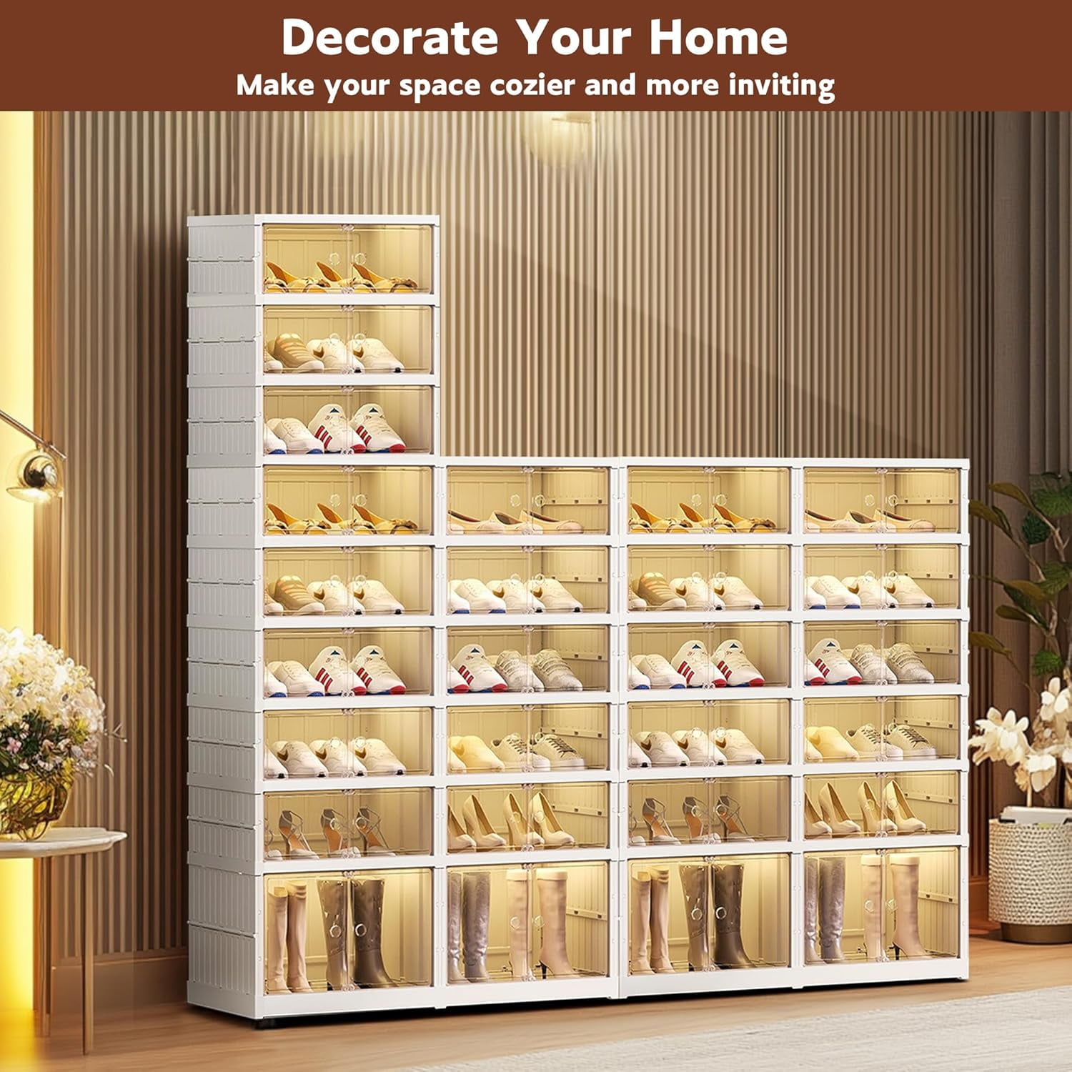 Foldable Shoe Rack with Wheels, Shoe Organizer with Magnetic Clear ...