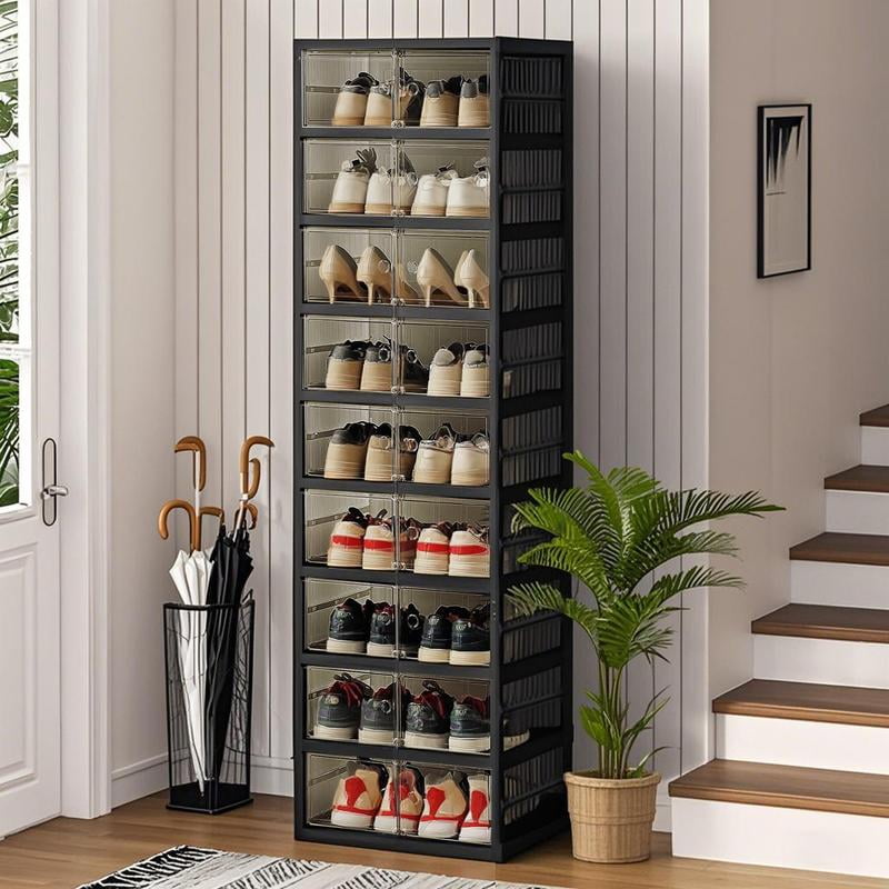 Foldable Shoe Rack with Wheels, Shoe Organizer with Magnetic Clear ...