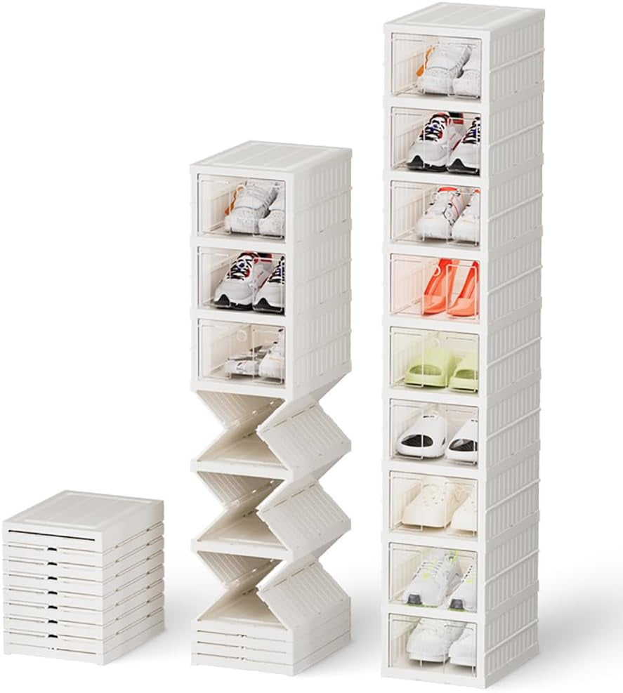 Foldable Shoe Storage Box, Collapsible Plastic Shoe Organizer with ...