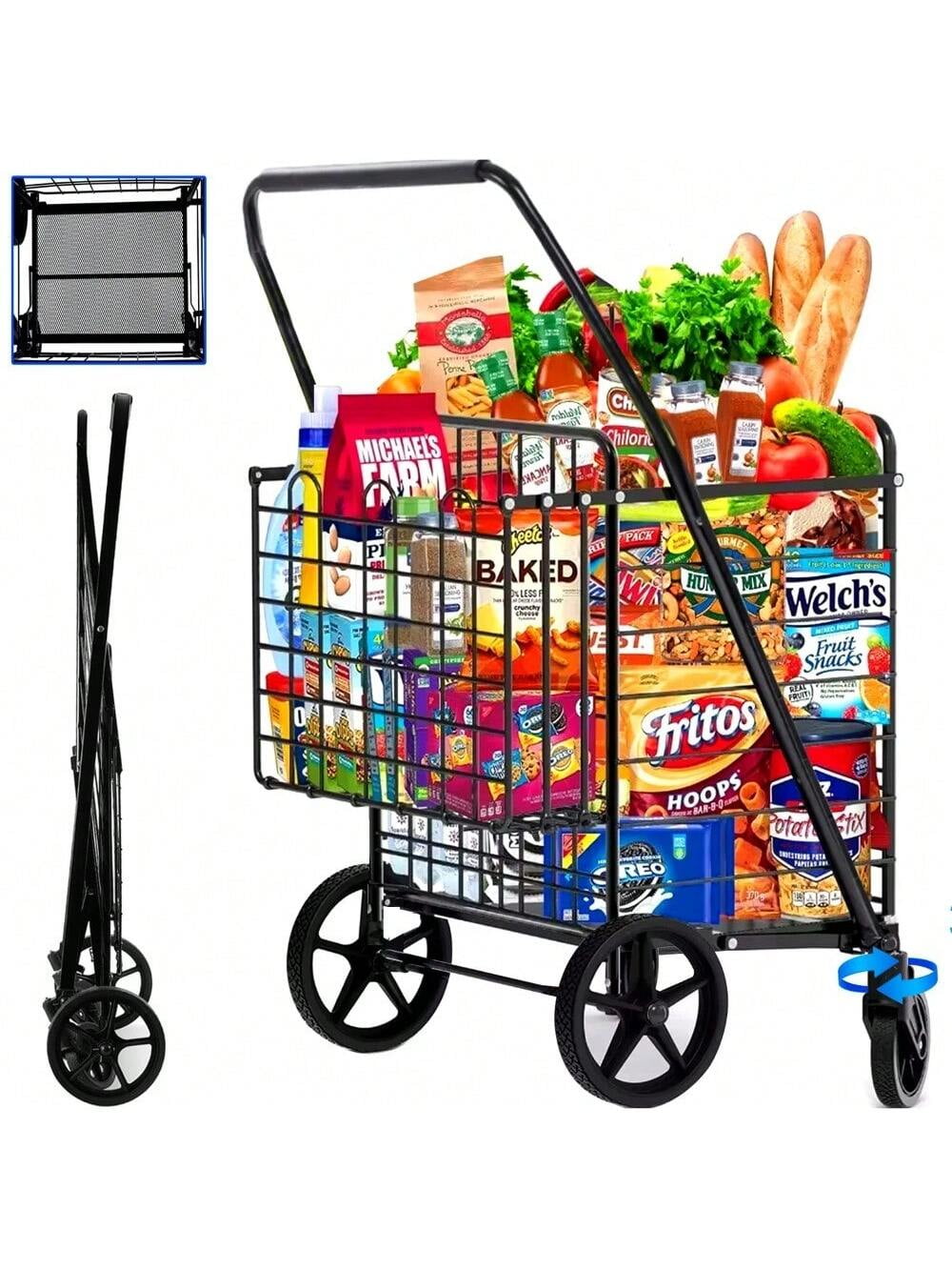 Foldable Shopping Cart, Folding Grocery Cart With Encrypted Mesh Bottom ...