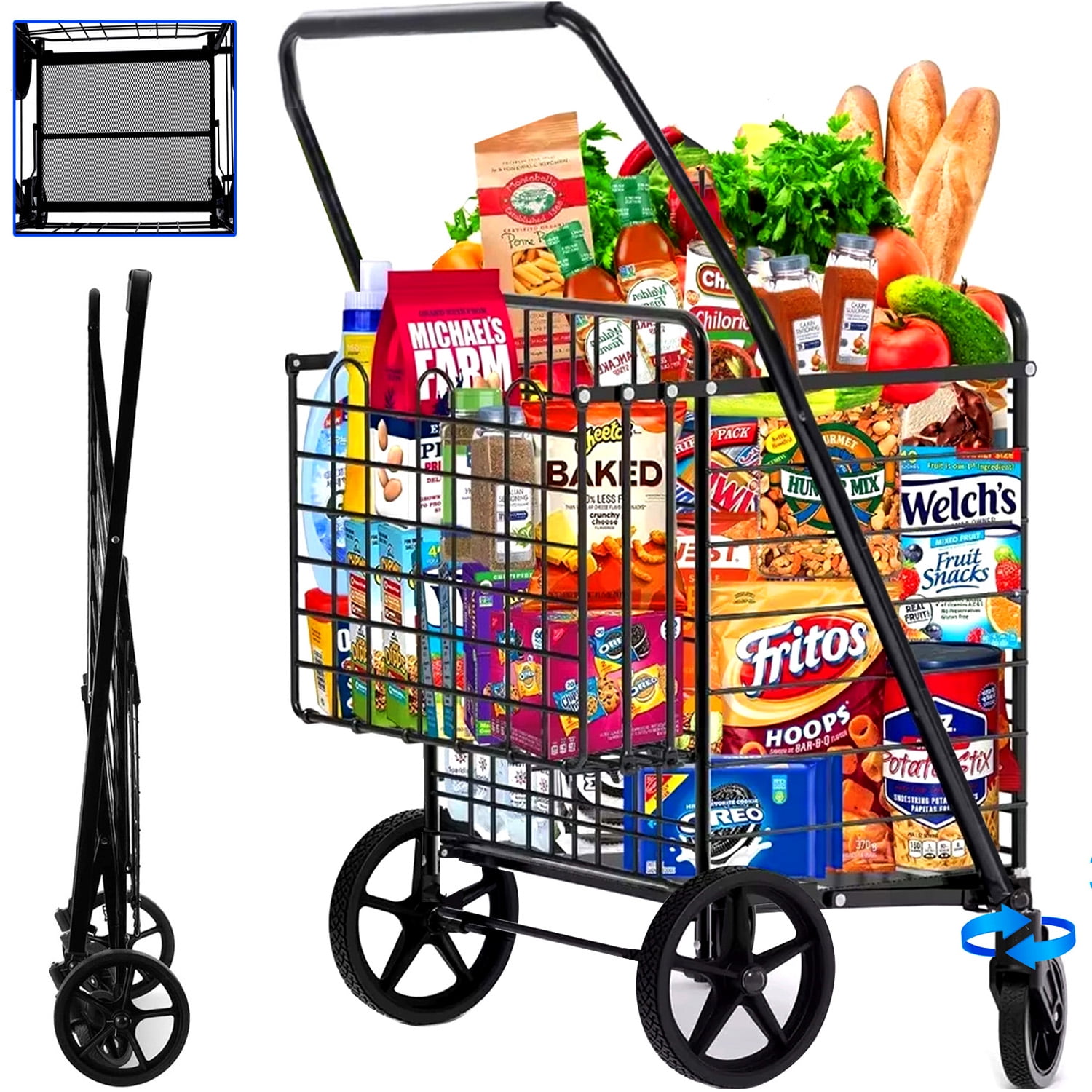 Foldable Shopping Cart, Folding Grocery Cart with Encrypted Mesh Bottom ...