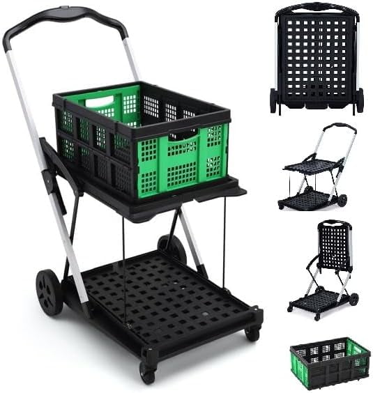 Foldable Shopping Cart for Groceries, 2-Tier Collapsible Utility Carts ...