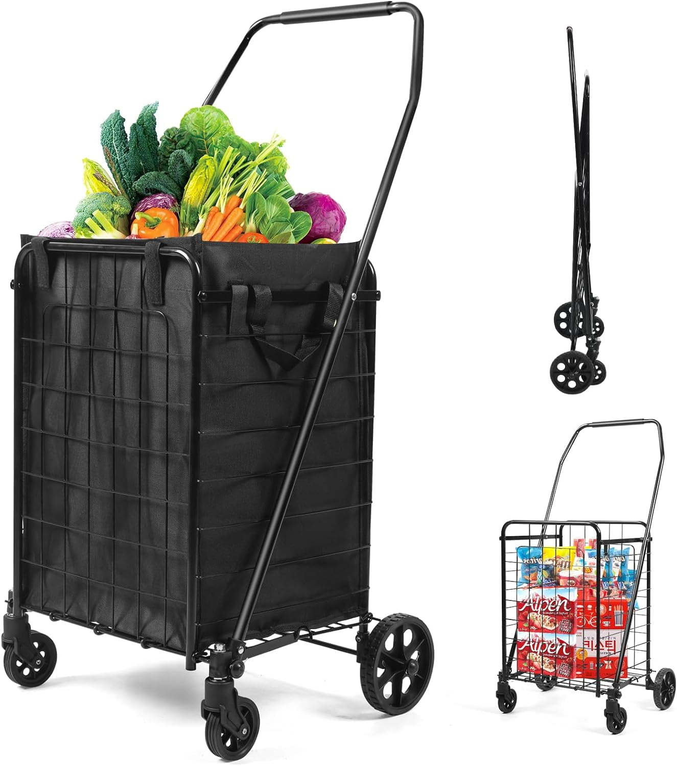 Foldable Shopping Cart with Liner, Portable Utility Cart with Wheels ...