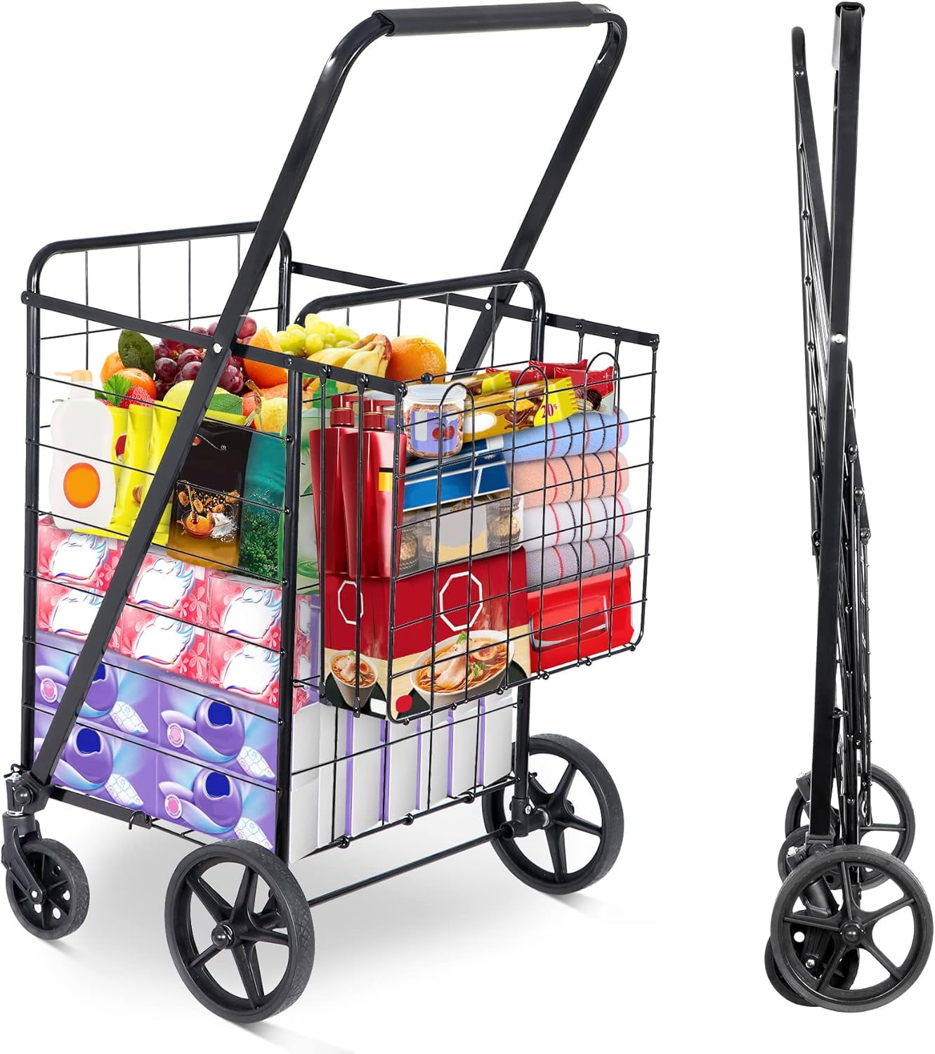 Foldable Shopping Utility Cart Compact Portable Grocery Cart w Whees ...