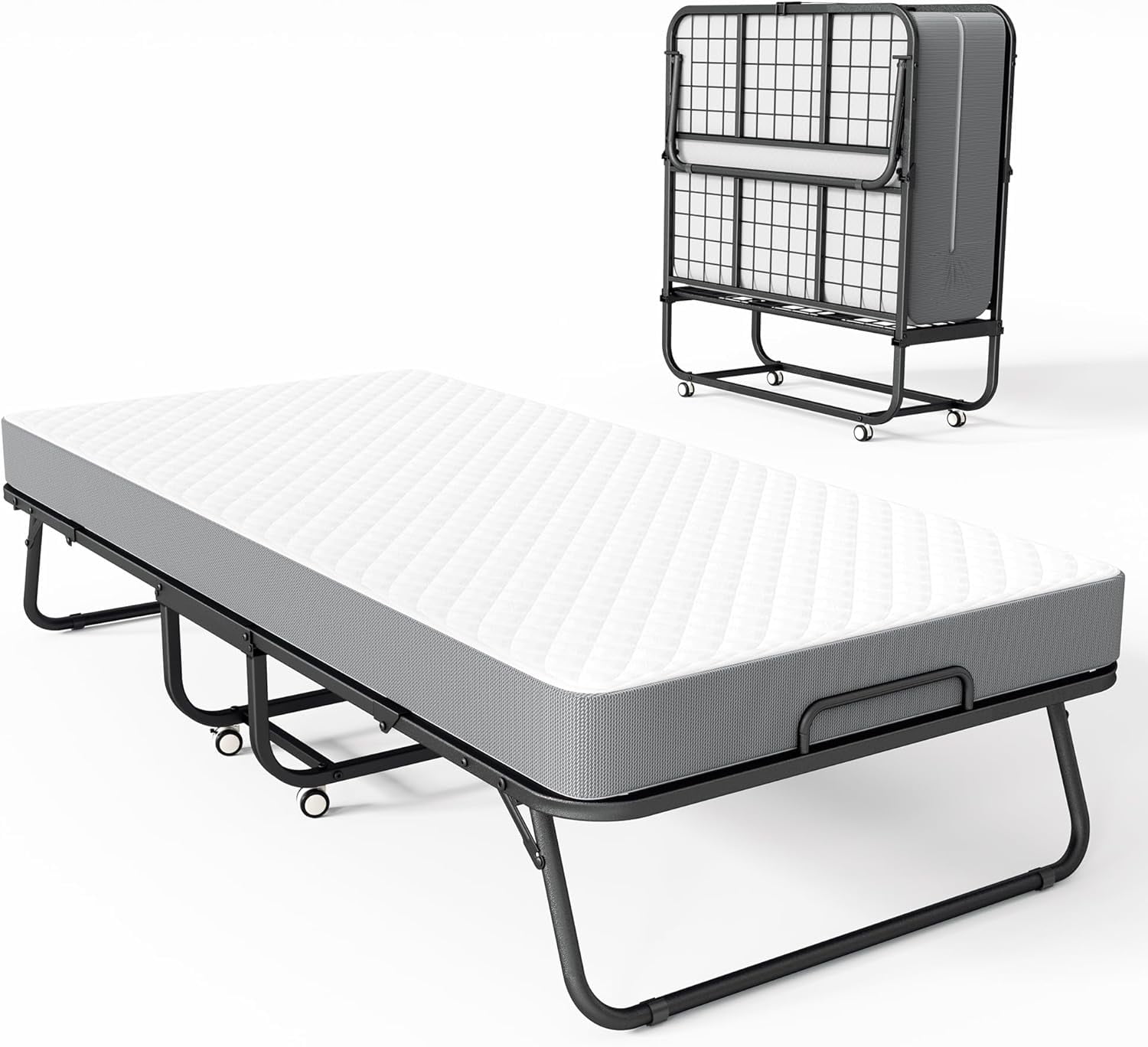 Foldable Single Bed, Portable Bed for Adults, 5" Memory Foam Mattress ...