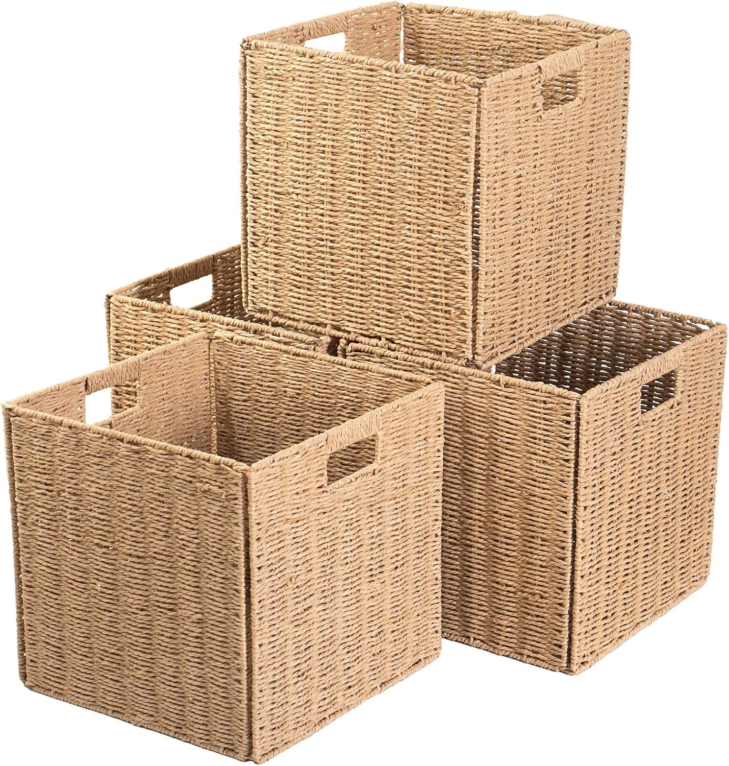 Foldable Square Baskets Set of 4, Paper Woven Storage Cube Bins with ...