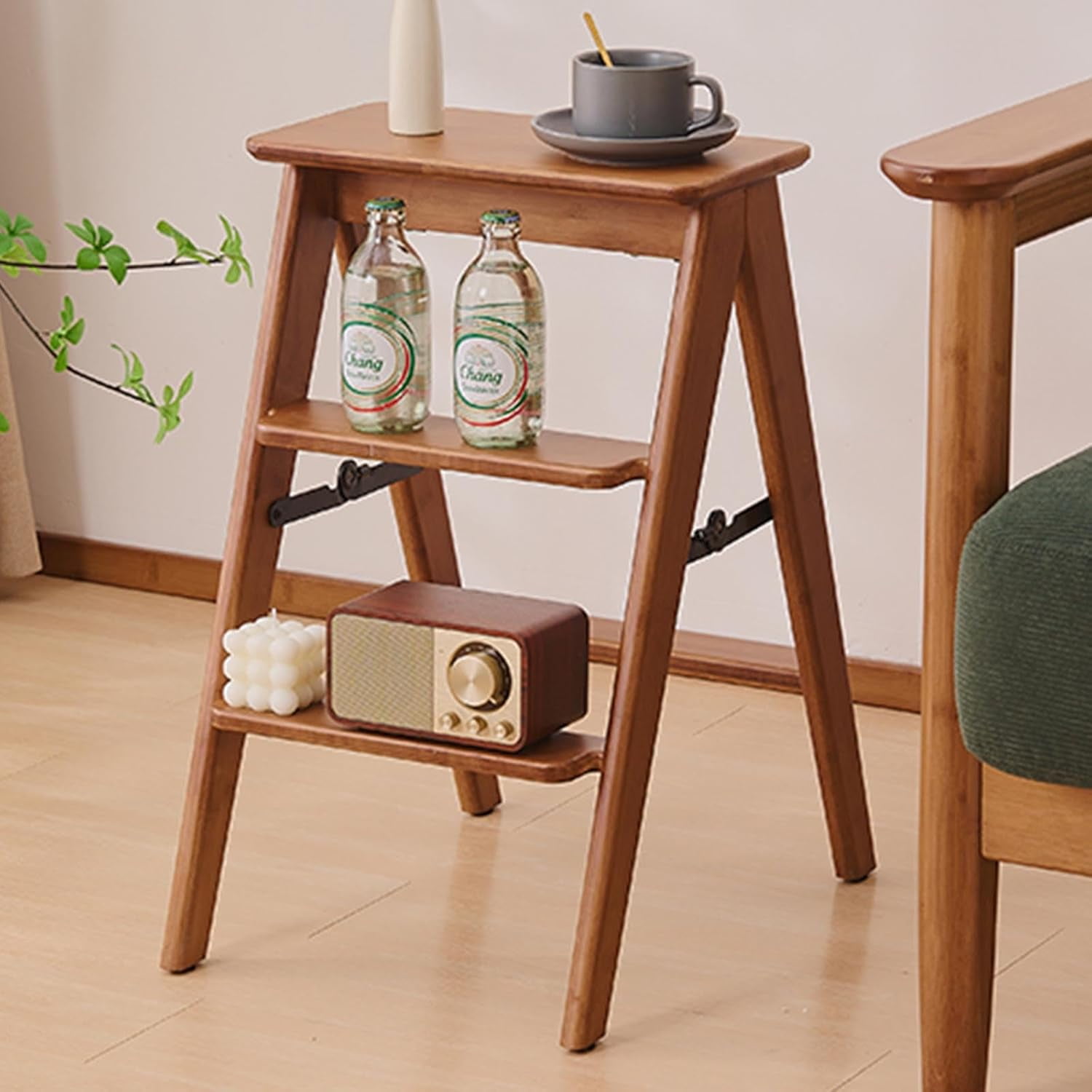 Foldable Step Stool Bamboo,3 Step Ladder with Wide Anti-Slip Pedal ...