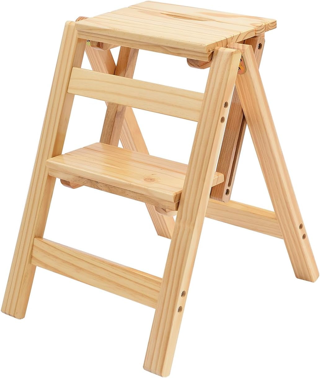 Foldable Step Stool, Wooden Folding Step Ladder for Home (2Step-Nature ...