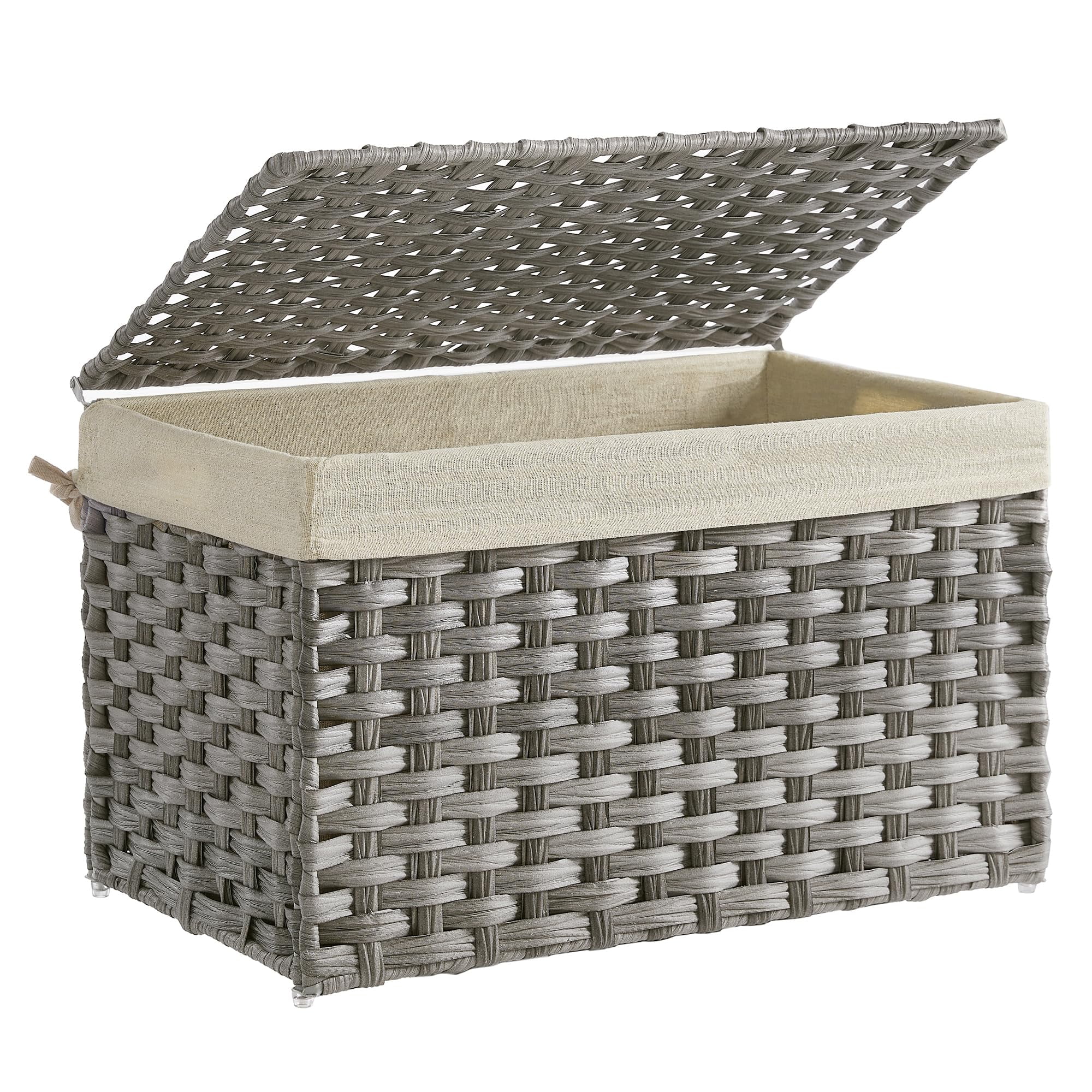 Foldable Storage Basket with Lid 65L Capacity, Woven Blanket Bin Metal ...