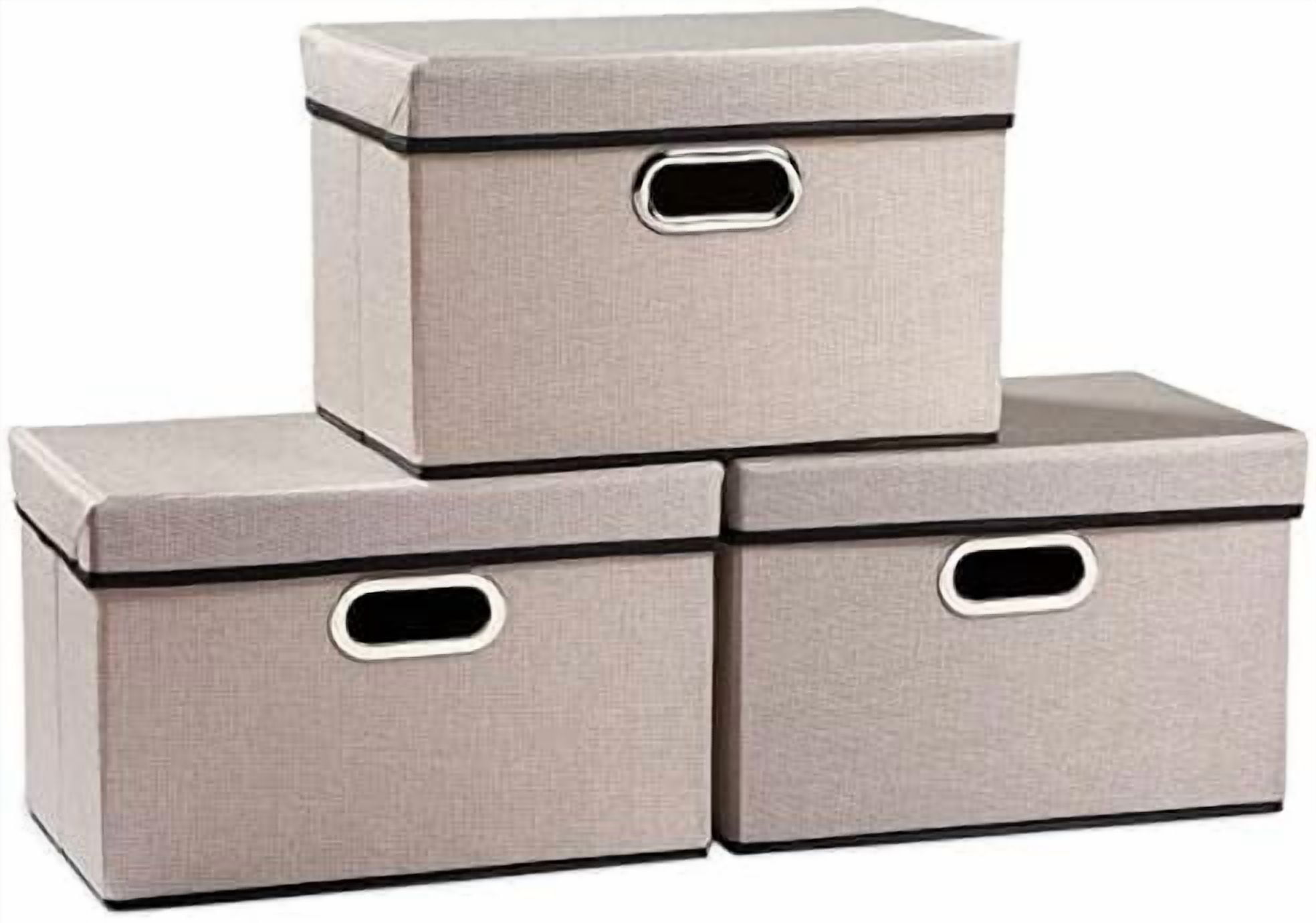 Foldable Storage Bin with Lid [3-Pack] Linen Fabric Decorative Storage ...