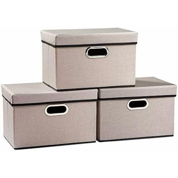Foldable Storage Bin with Lid [3-Pack] Linen Fabric Decorative Storage ...