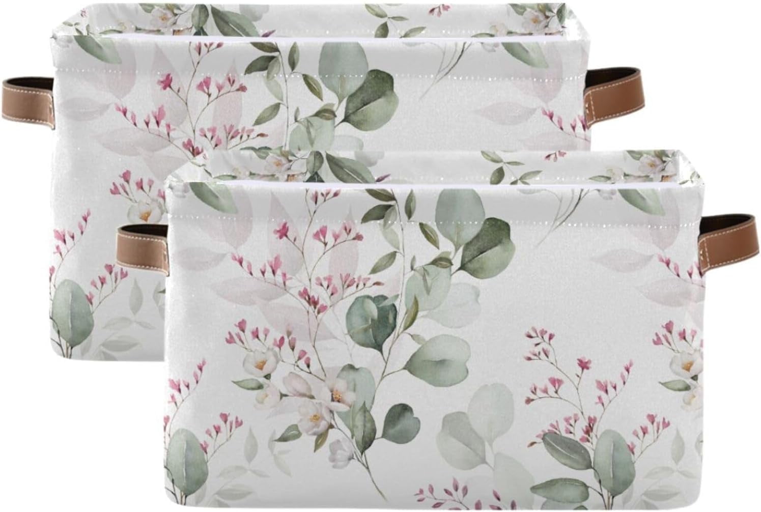 Foldable Storage Bins Watercolor Floral Green Leaves Fabric Storage ...