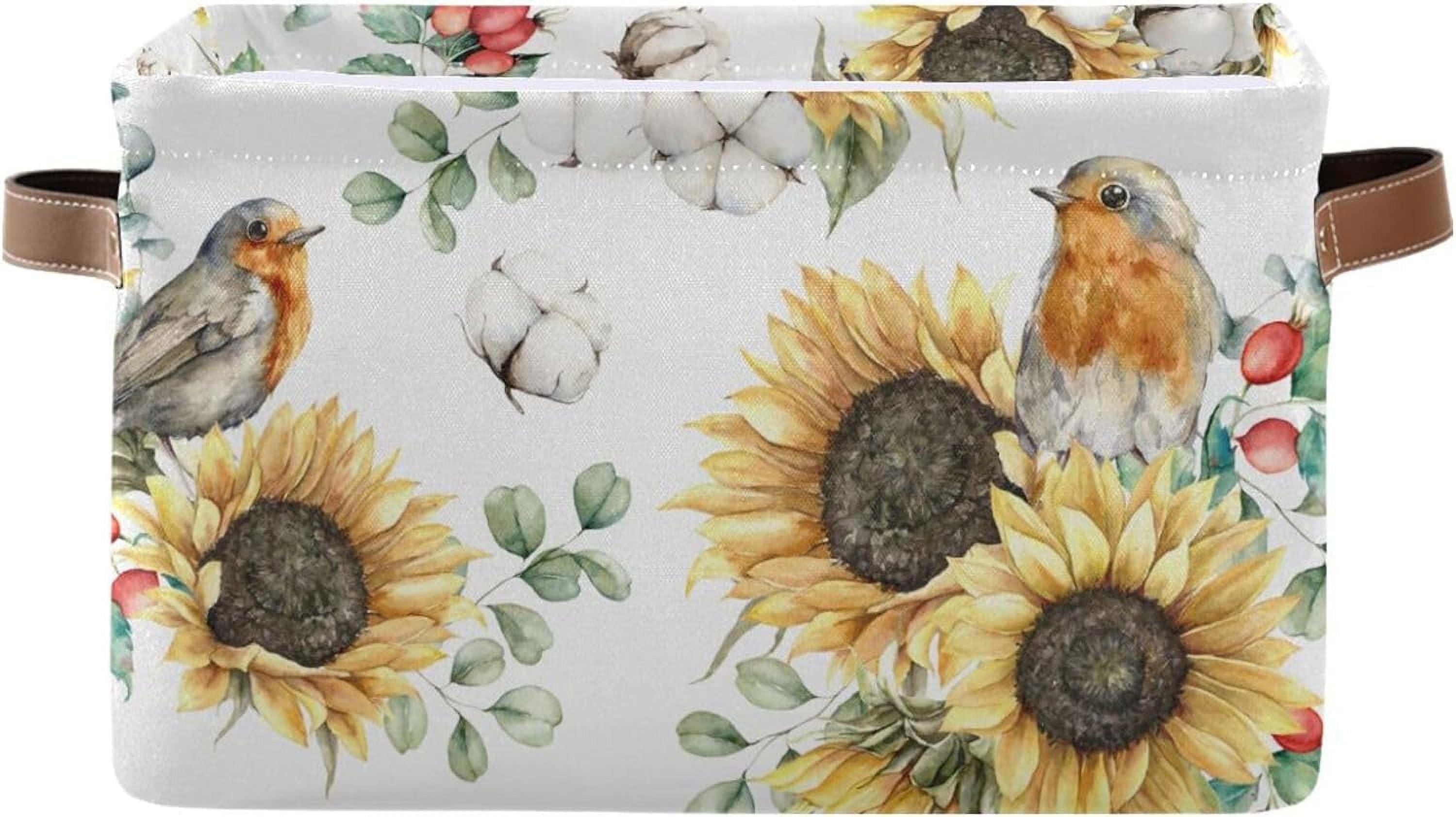 Foldable Storage Bins Watercolor Sunflowers Bird Fabric Storage Baskets ...