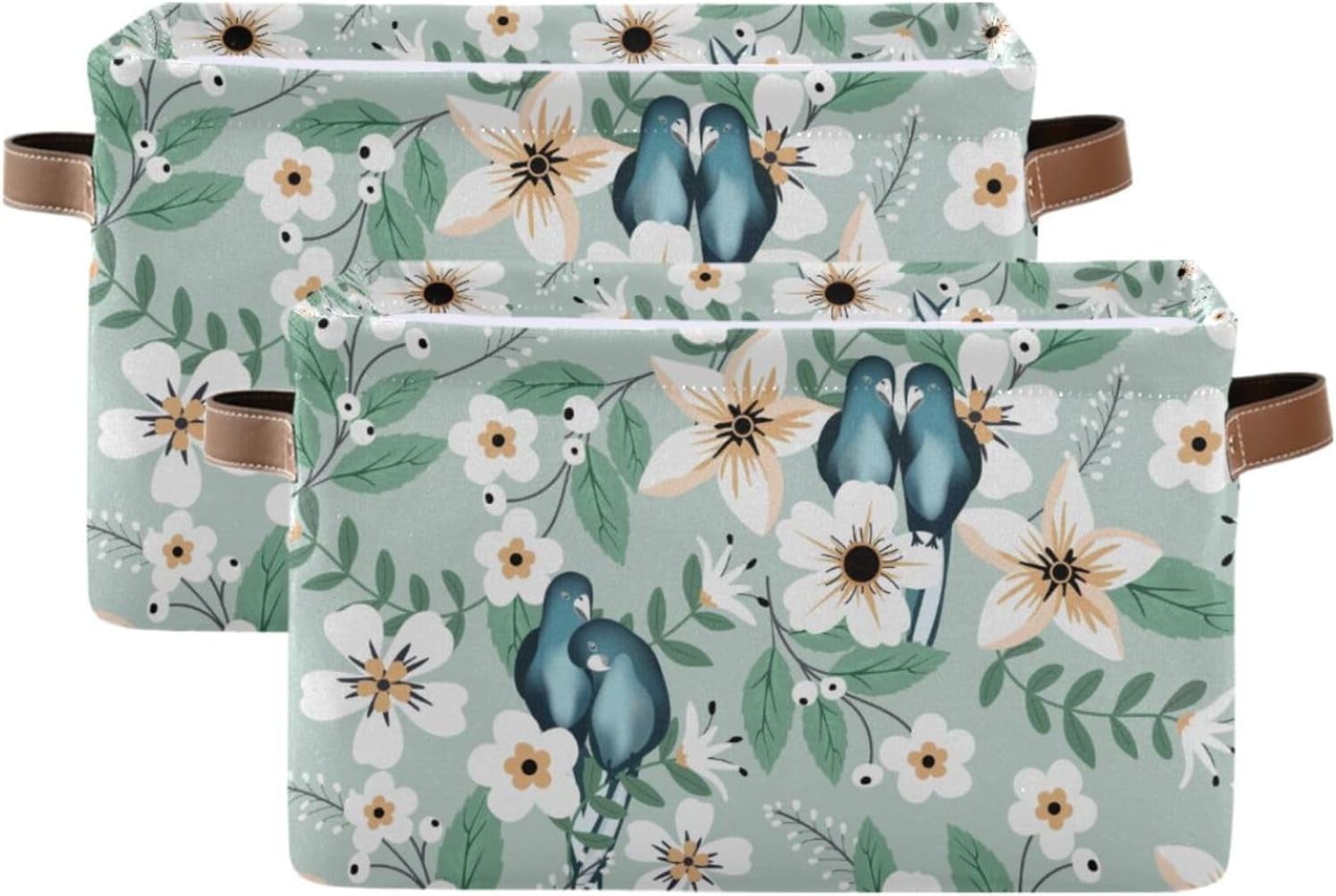 Foldable Storage Bins White Flower Couple Bird Fabric Storage Baskets ...
