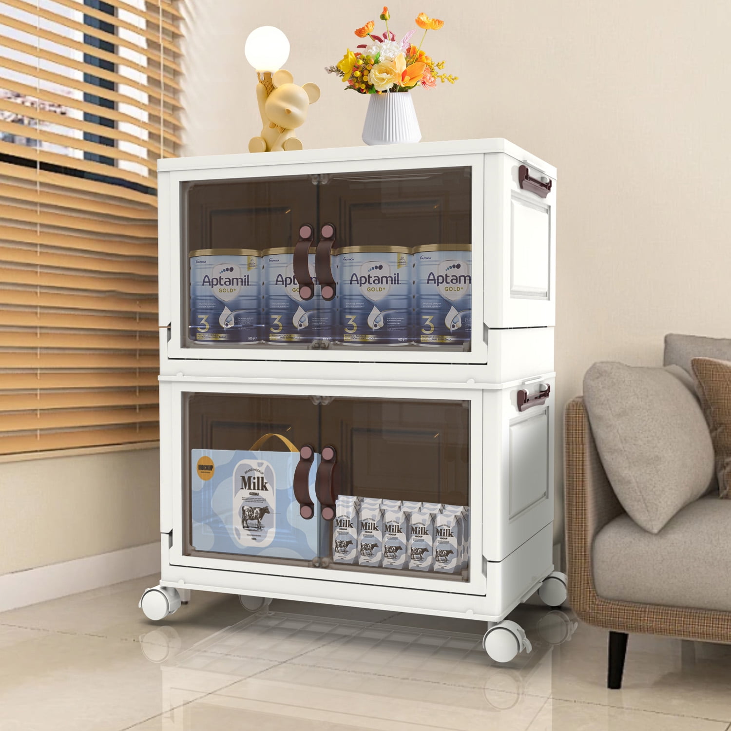 Foldable Storage Bins with Wheels, 1 Pack Stackable Bins with Doors and ...