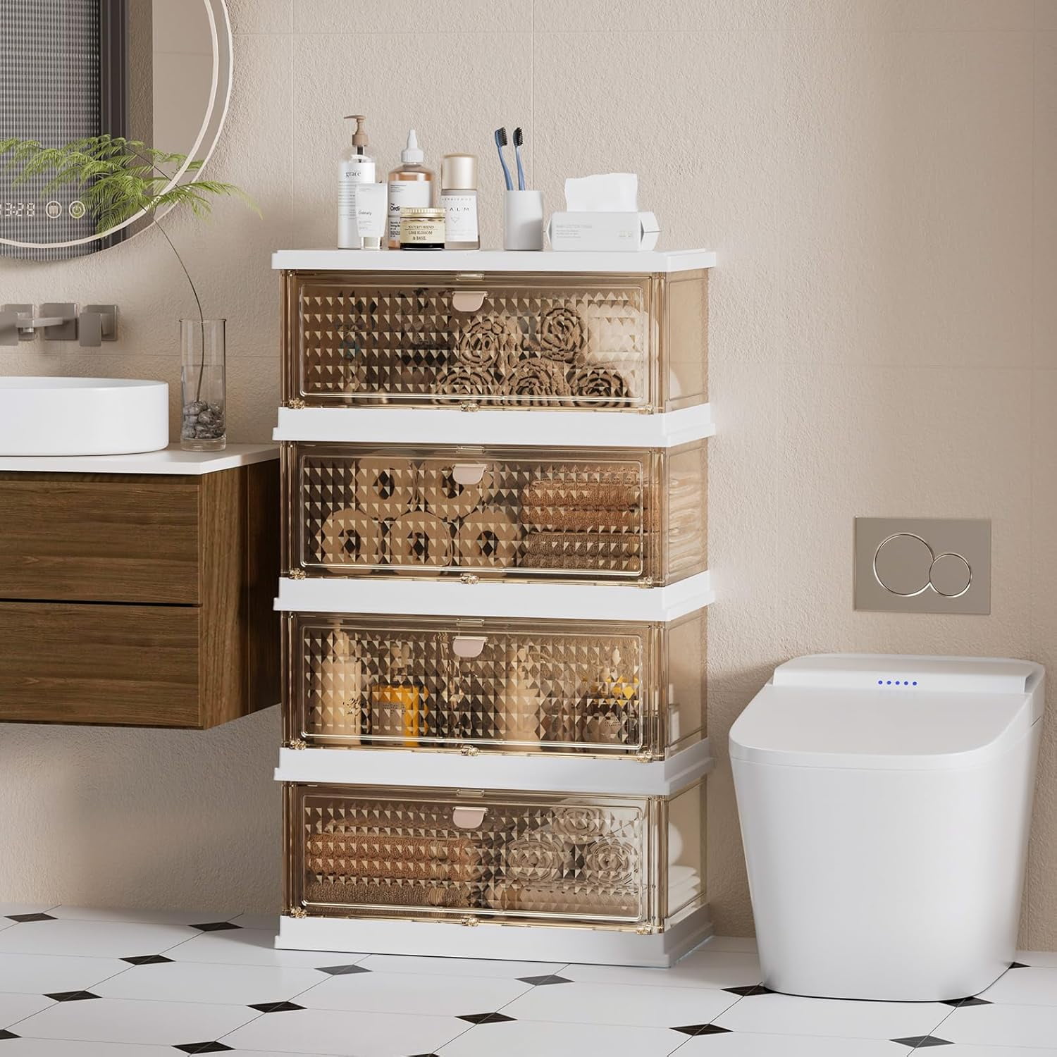 Foldable Storage Cabinet with Drawers, 4-Tier Integrated Bathroom Floor ...