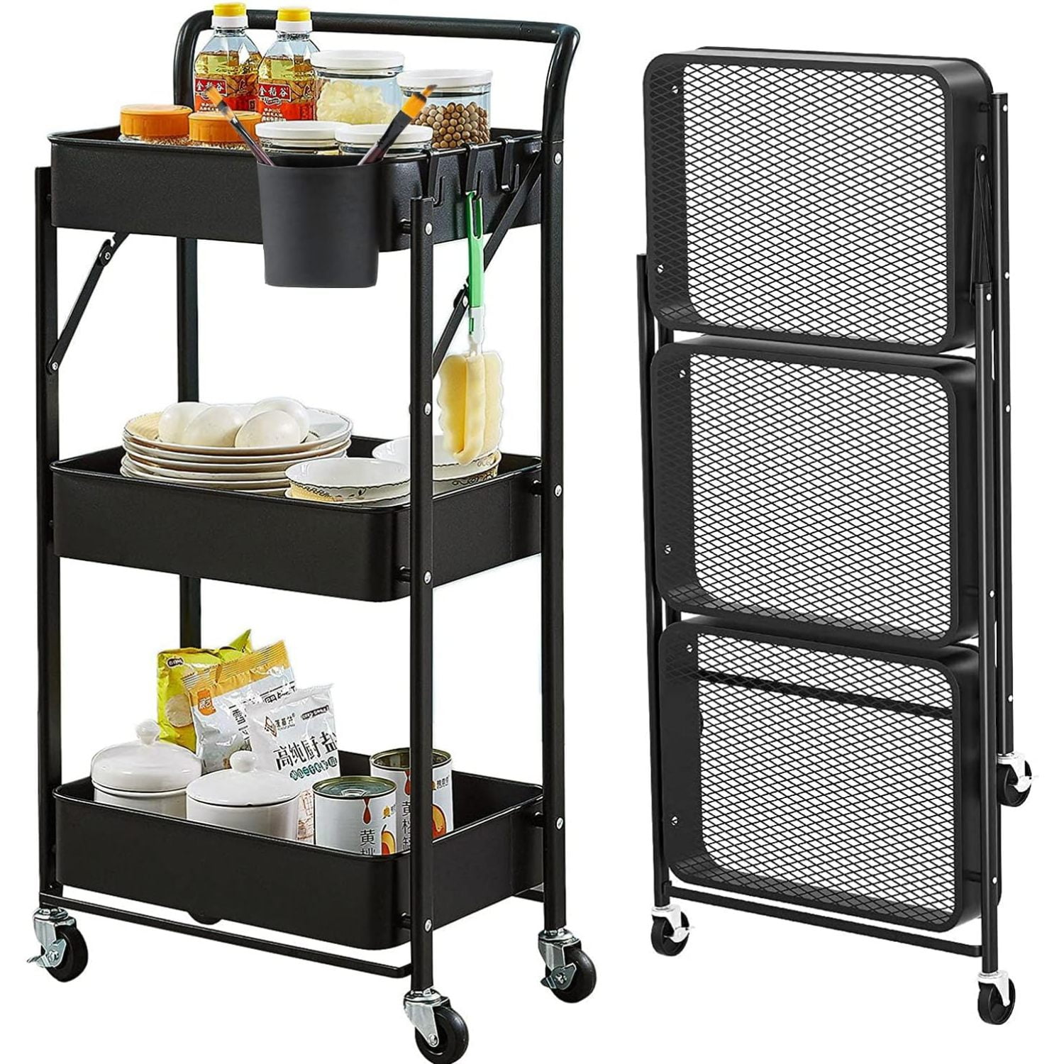 Foldable Storage Cart 3 Tier Rolling Cart with Wheels No Assembly ...