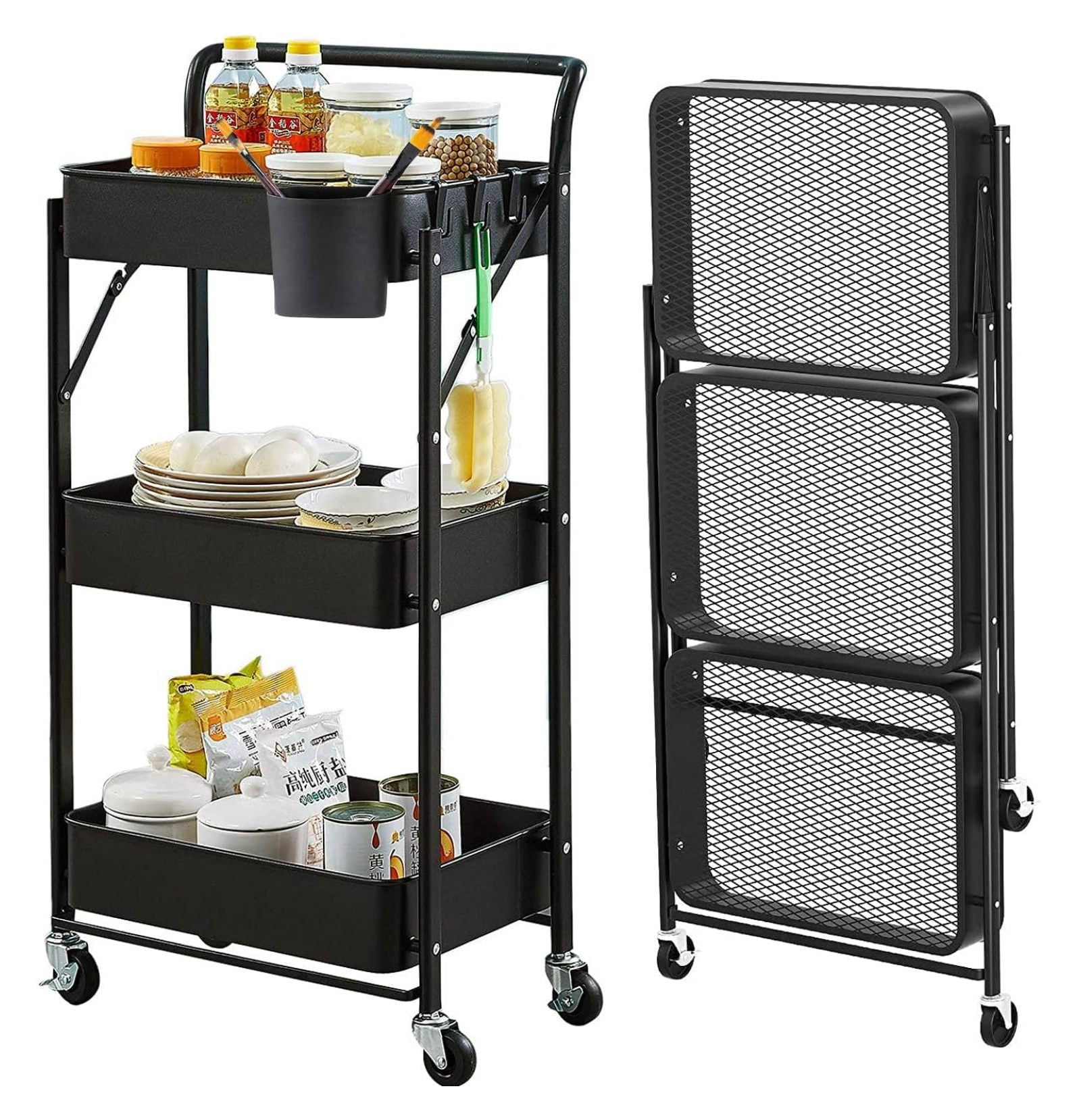Foldable Storage Cart 3 Tier Rolling Cart with Wheels No Assembly ...