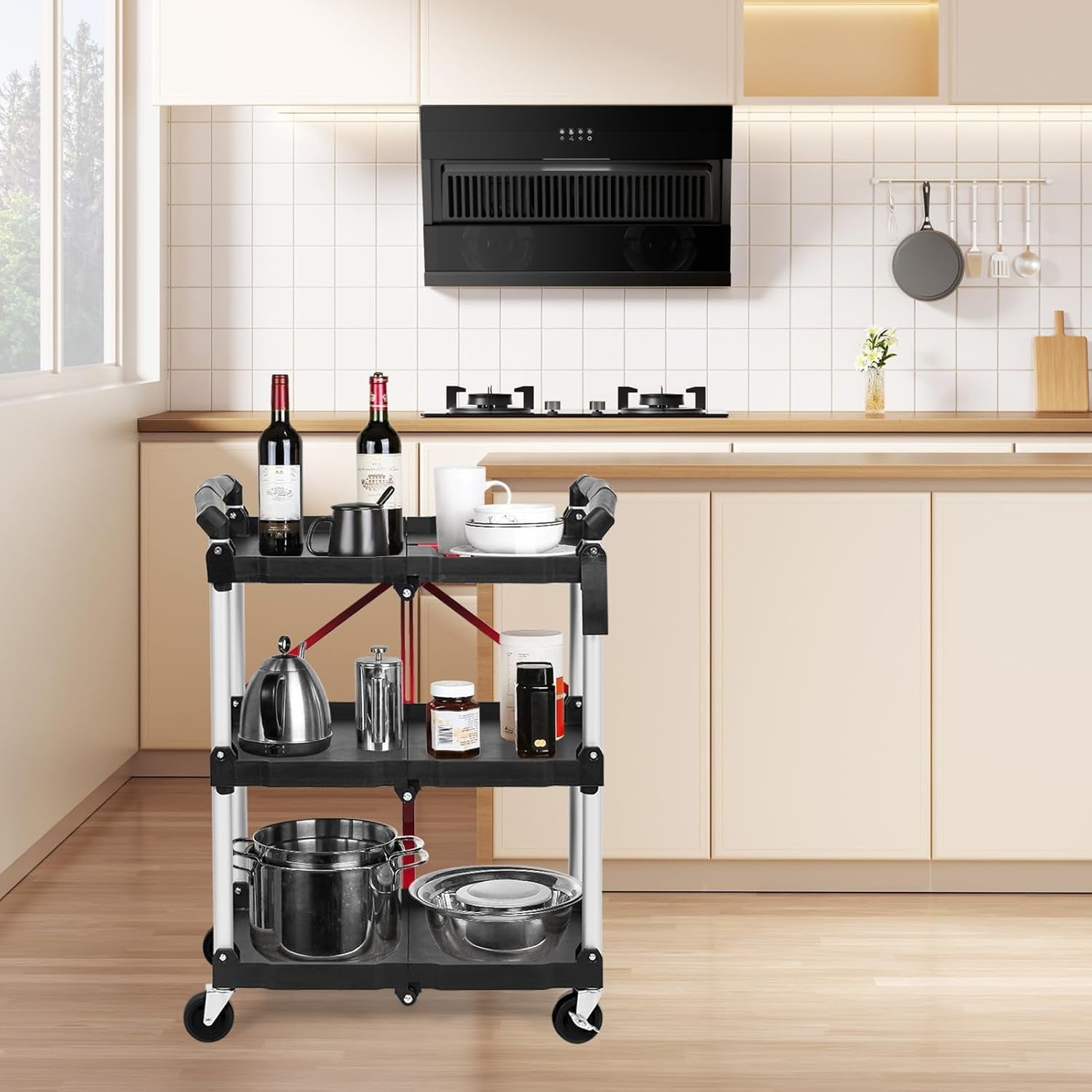 Foldable Storage Cart,3 Tier Rolling Cart with Wheels,Folding Metal ...