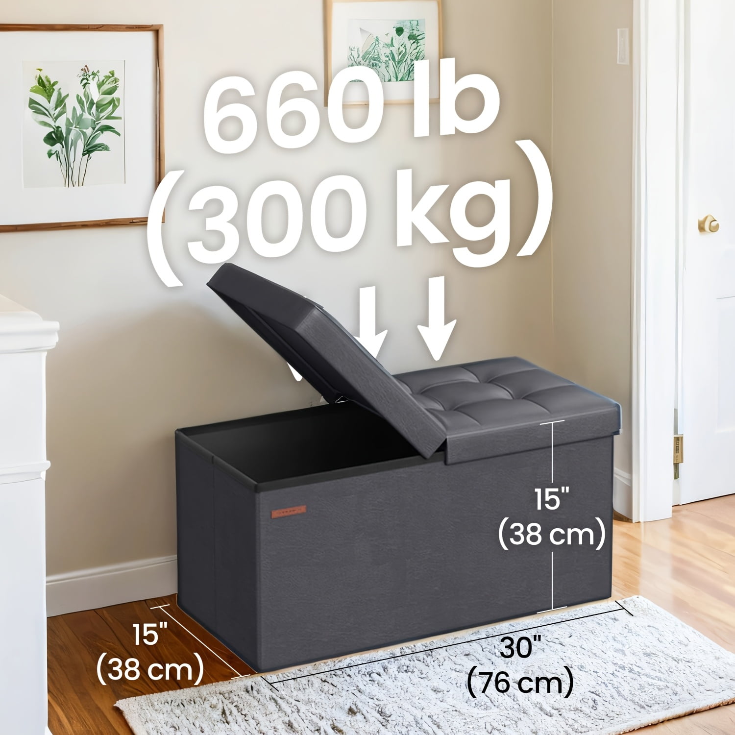 Foldable Storage Chest Stool 660lbs Load Bearing Ottoman With Flip Top ...
