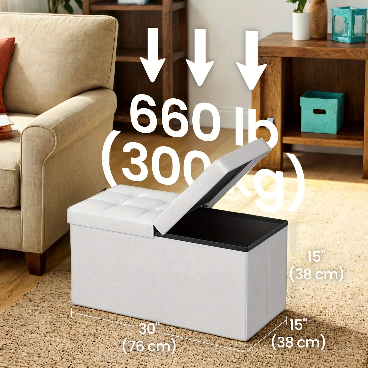Foldable Storage Chest Stool 660lbs Load Bearing Ottoman With Flip Top ...