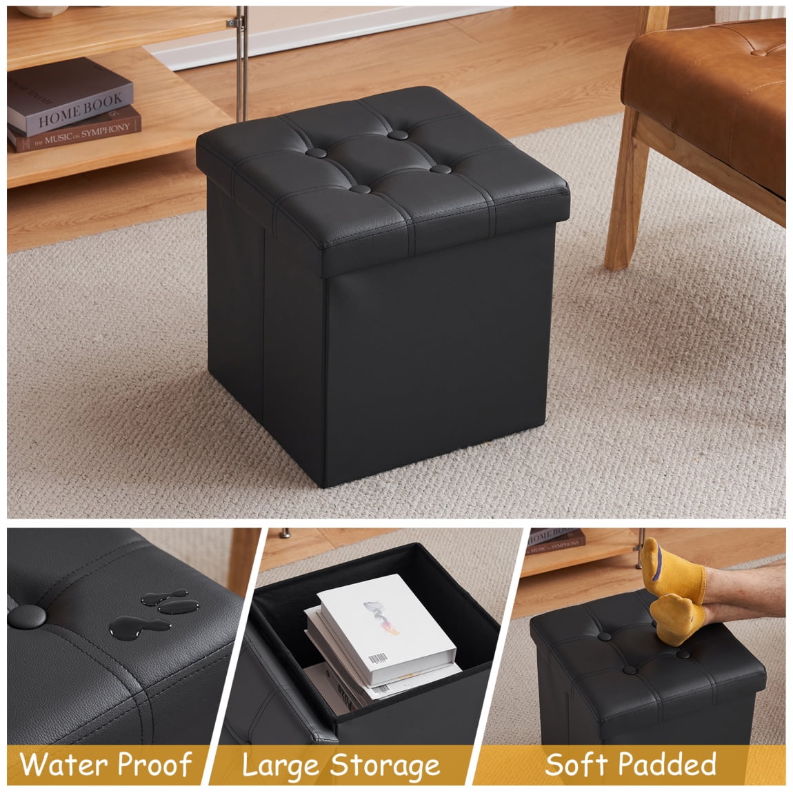 Foldable Storage Ottoman, PVC MDF Button Tufted Folding Foot Rest Stool ...