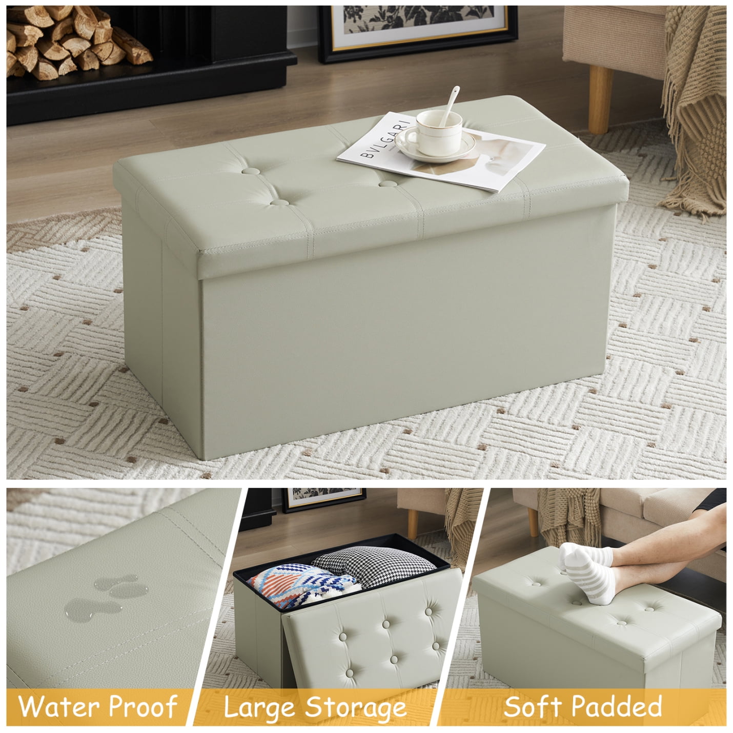 Foldable Storage Ottoman, PVC MDF Button Tufted Folding Foot Rest Stool ...