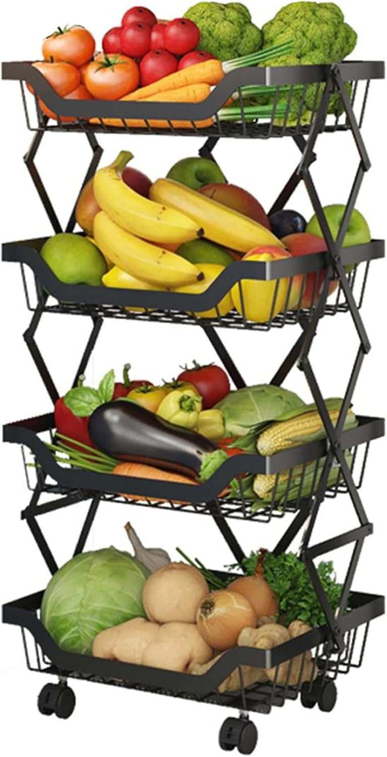 Foldable Storage Rolling Cart, Stackable Metal Wire Basket with Wheels ...