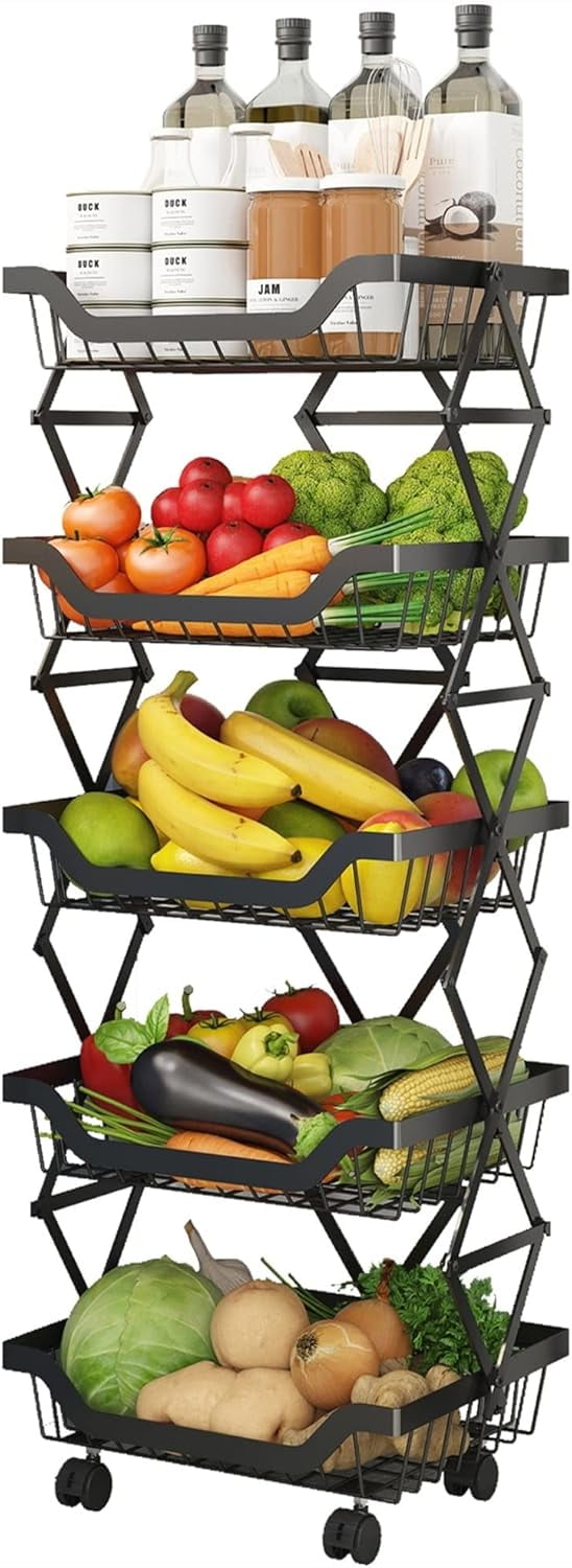 Foldable Storage Rolling Cart, Stackable Metal Wire Basket with Wheels ...