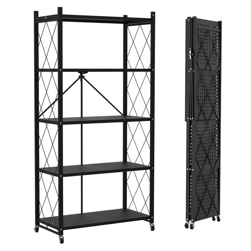 Foldable Storage Shelf Rack with Wheels - Metal Collapsible Shelving ...