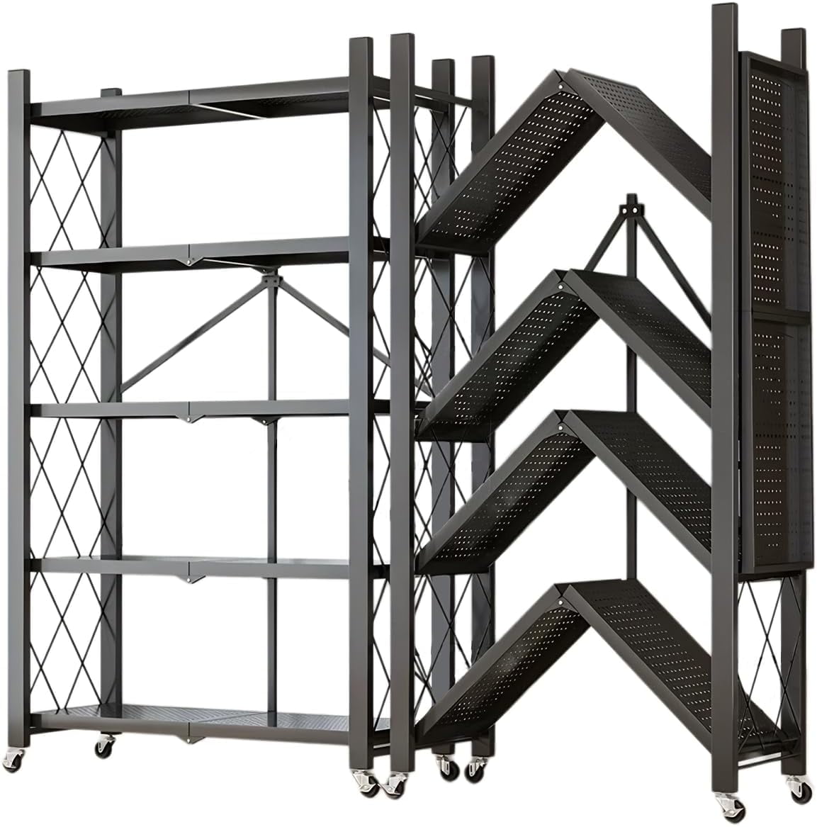 Foldable Storage Shelf with Wheels - Metal Collapsible Shelving Unit ...
