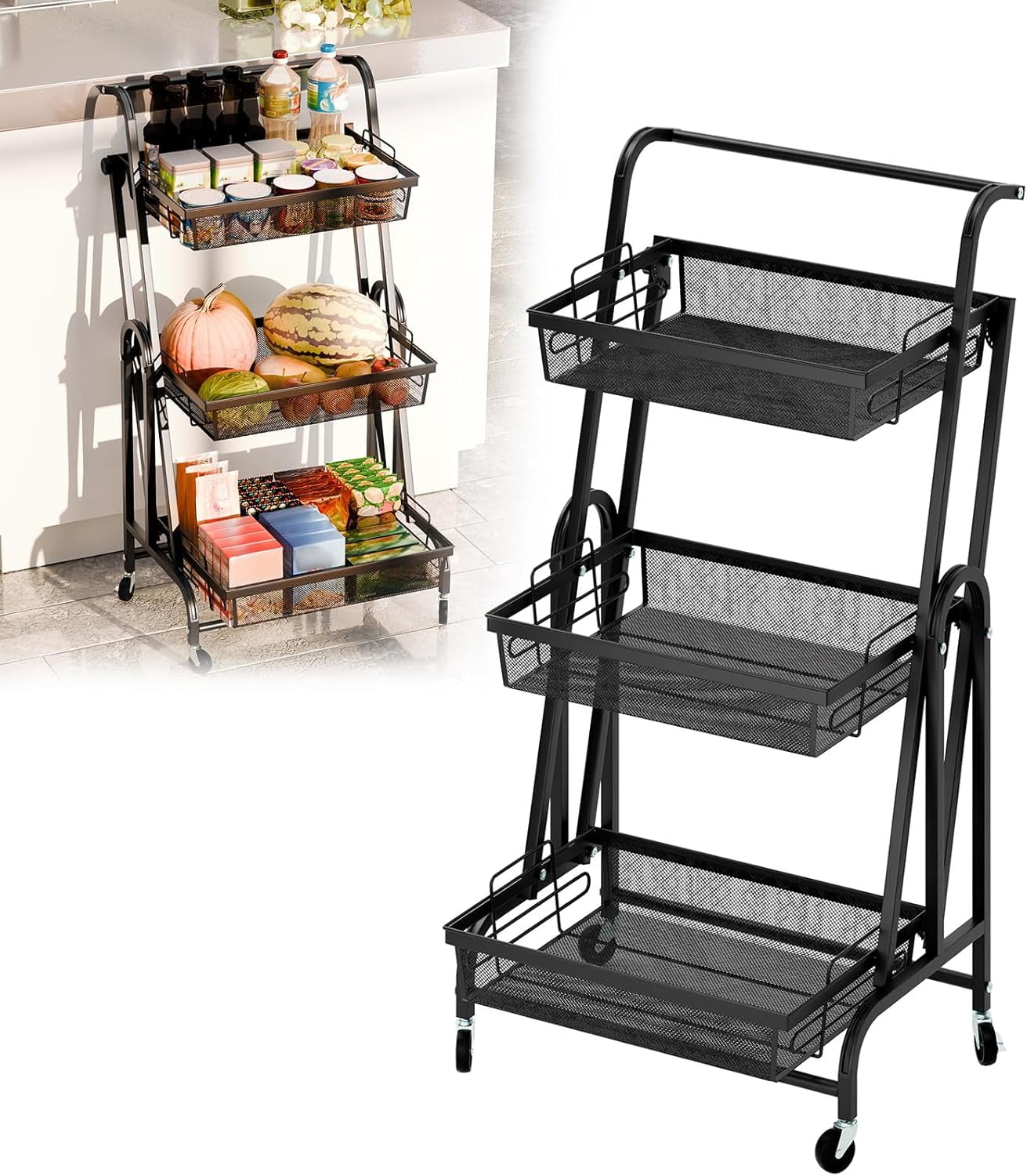 Foldable Storage Shelves with Casters, 3-Tier Storage Rack, Moving ...