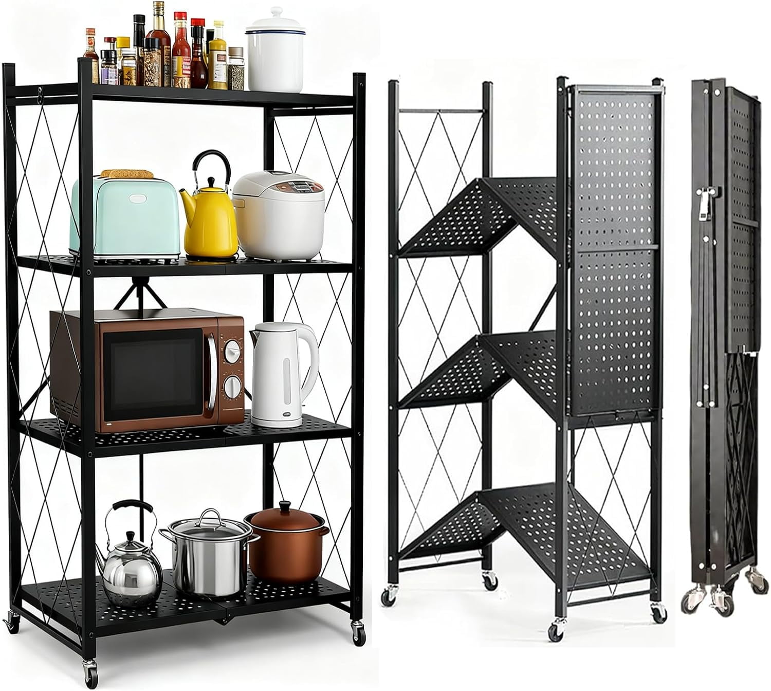 Foldable Storage Shelves with Wheels, 4-Tier Folding Metal Rack ...