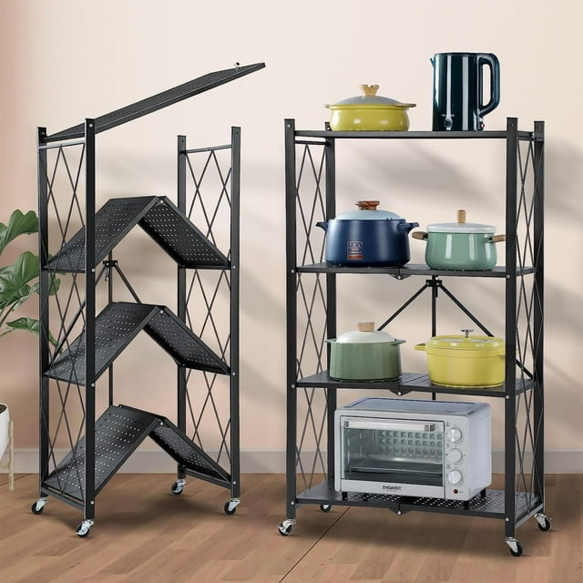 Foldable Storage Shelves on Wheels, 4 Tier Shelves for Storage, Heavy ...