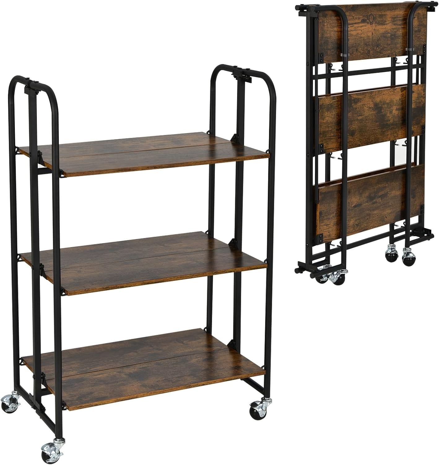 Foldable Storage Shelves with Wheels, No Assembly 3-Tier Rolling Cart ...
