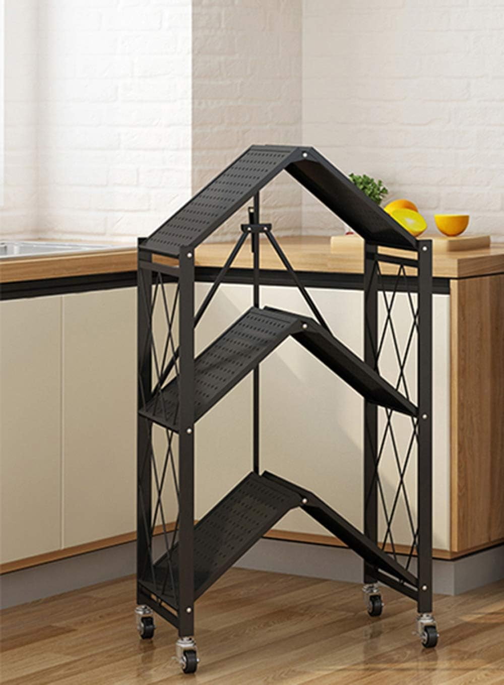 Foldable Storage Shelves with Wheels, Black Metal Wire Rack, Easy Movig ...