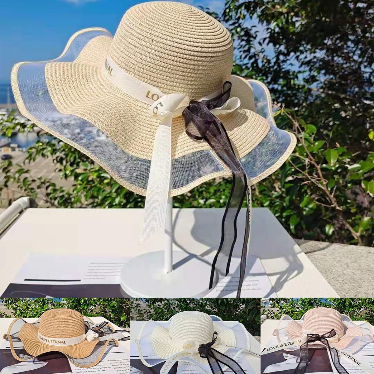 Foldable Straw Summer Sun Hat for Women Thick Hair SPF 50 Wide Brim ...