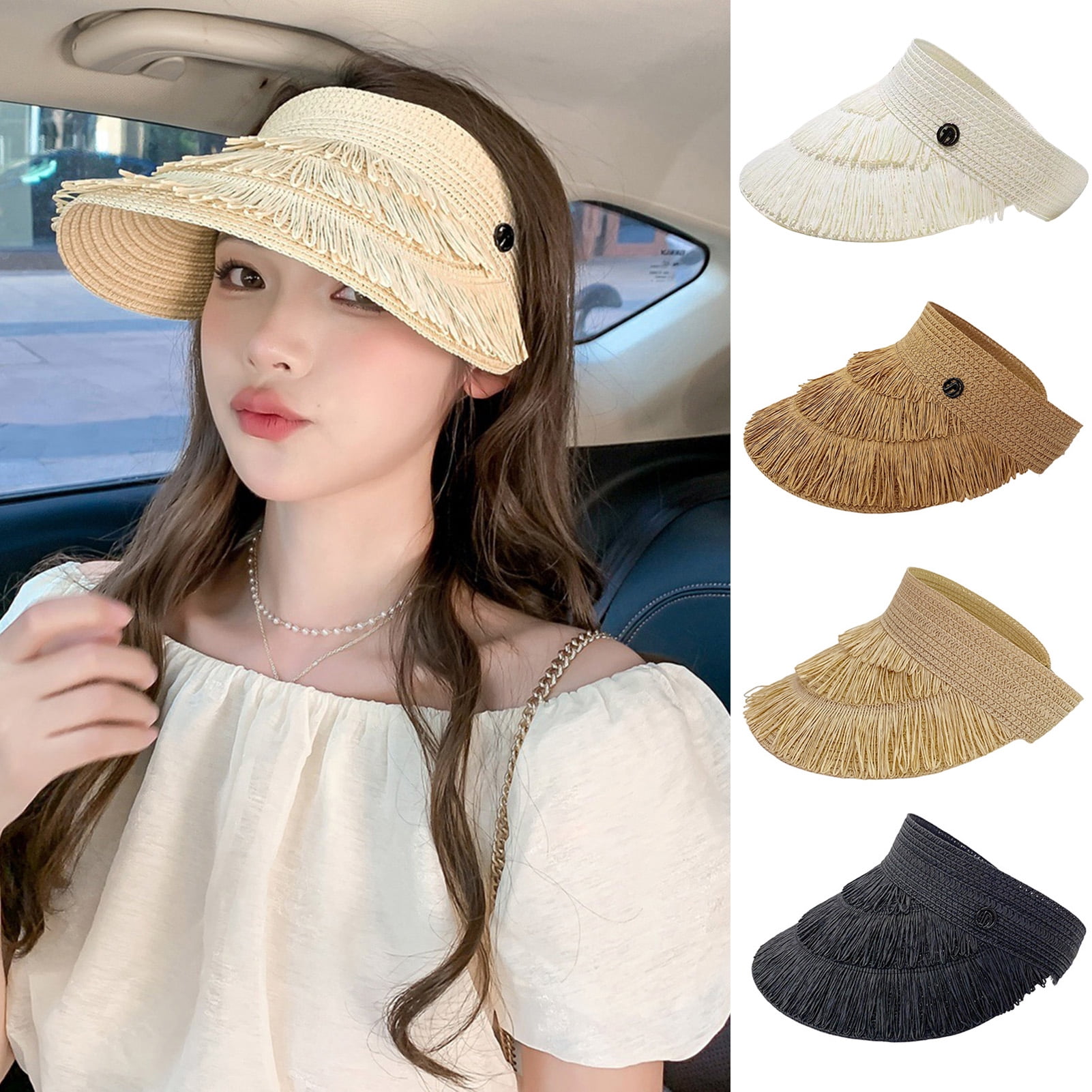 Foldable Sun Visors for Women, Brim Tassel Decor Adjustable Buckle Sun ...