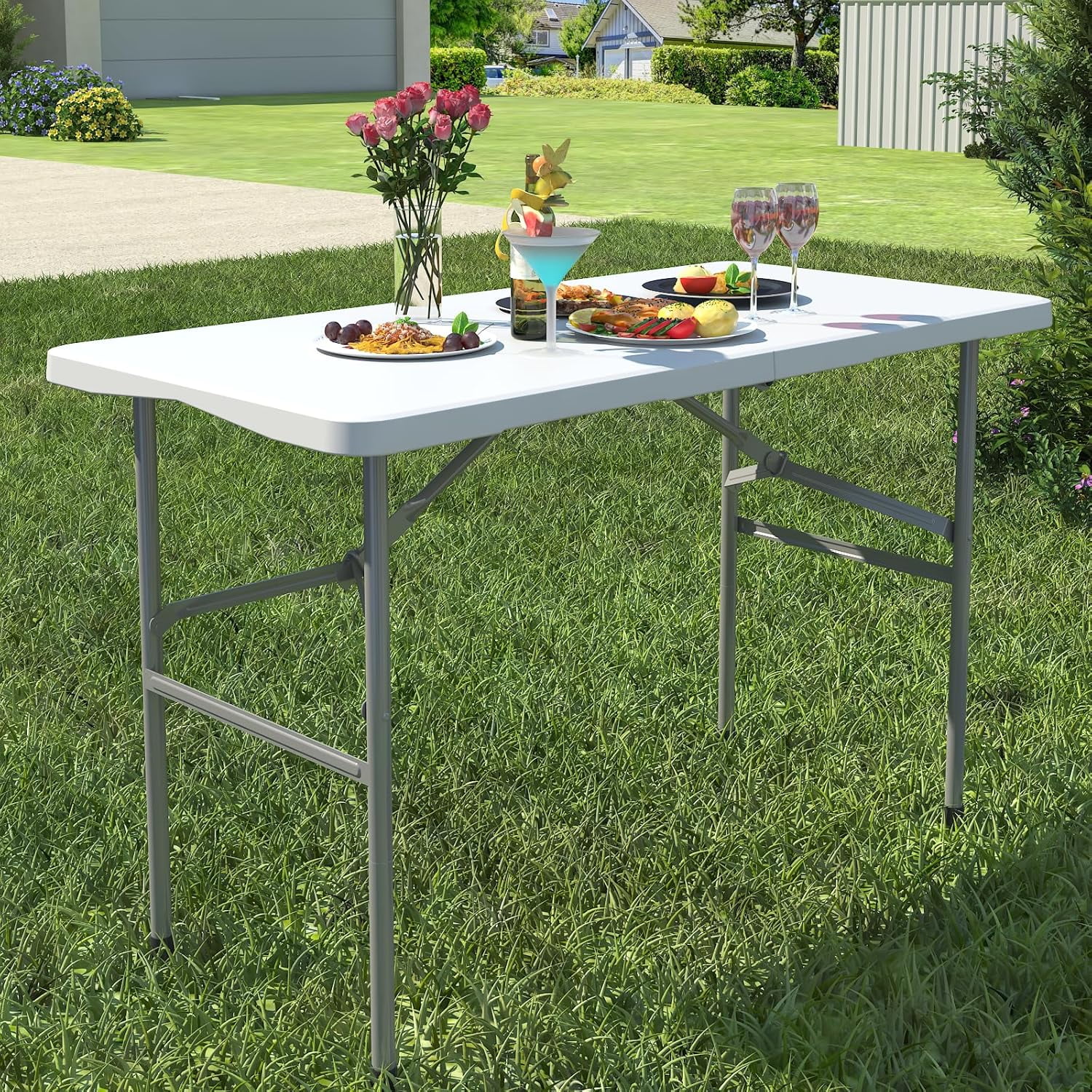 Foldable Table 4ft, Plastic Folding Table, Portable Heavy Duty Dining ...