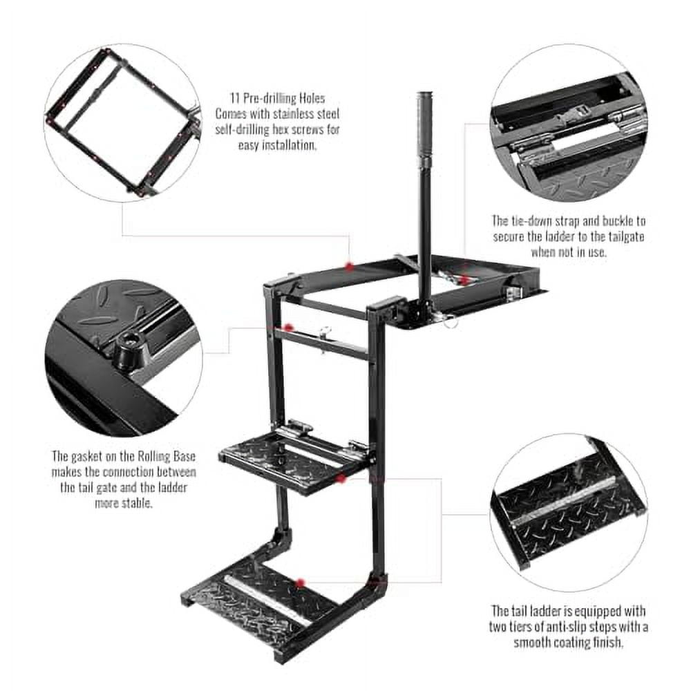 Foldable Tailgate Ladder Rack with Two Step Pad Rung Retractable Truck ...