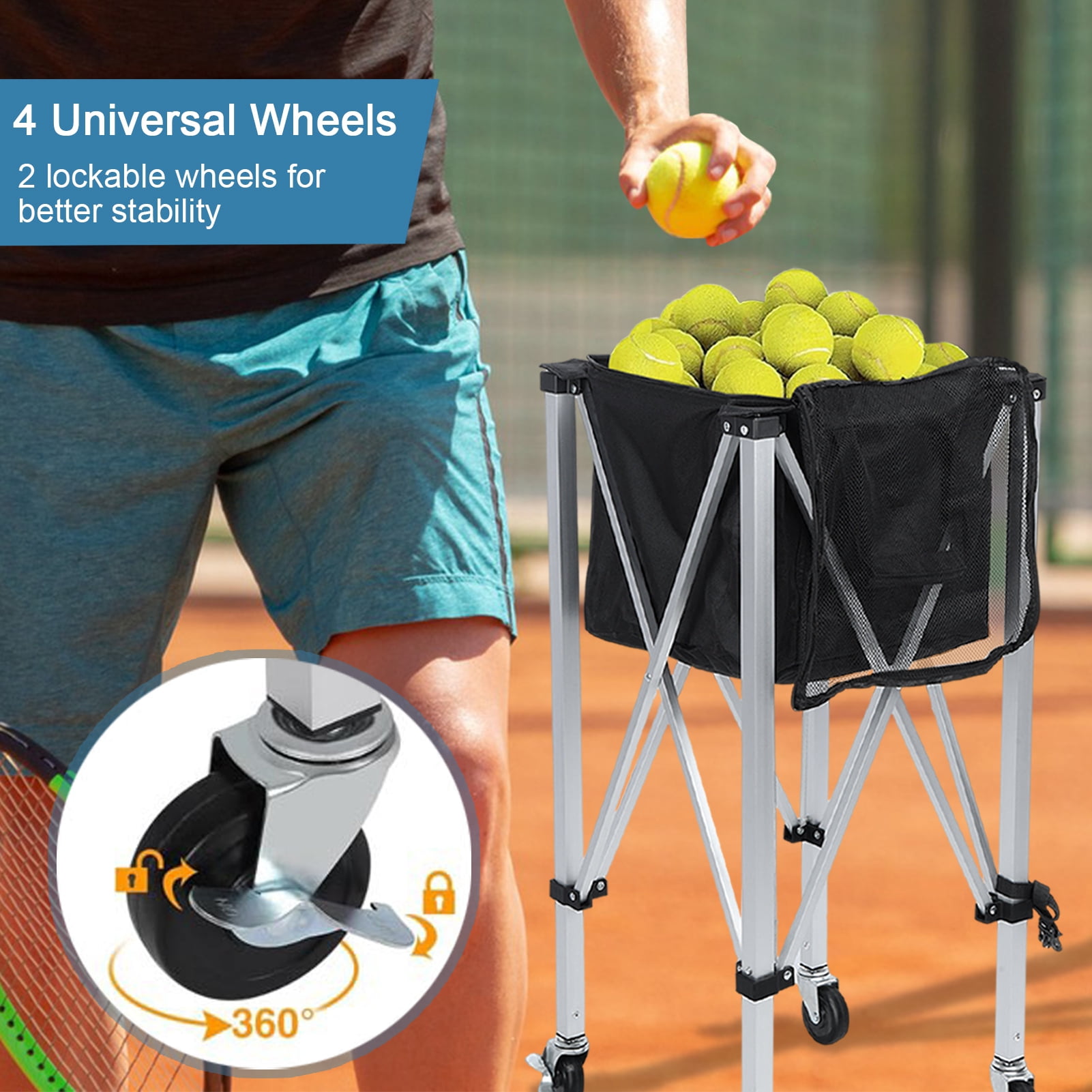 Foldable Tennis Ball Cart with Wheels, Portable Lightweight Holds 160 ...