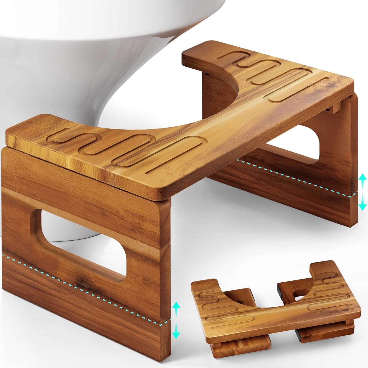 Foldable Toilet Stool, 7'' and 9'' Adjustable Heights Acacia Wood Poop ...