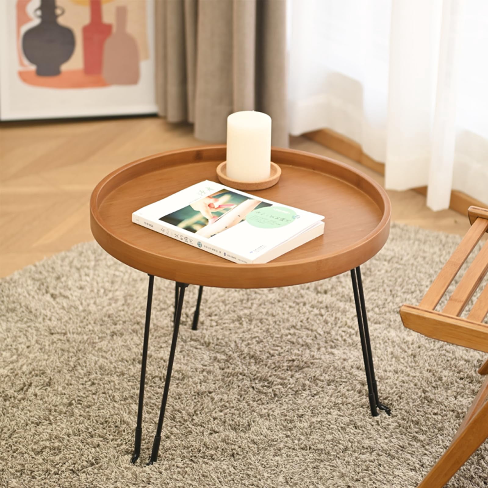 Foldable Tray Table, Round Side Table with Metal Legs, Bamboo Portable ...