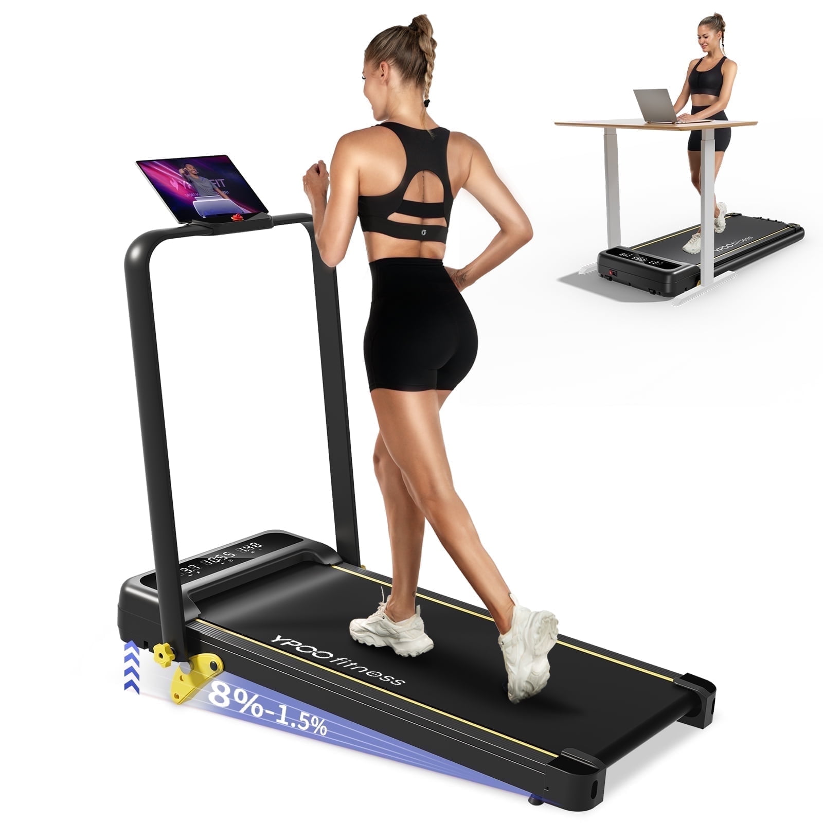 YPOO Foldable Treadmill with Incline and Handle, Portable Walking Pad ...