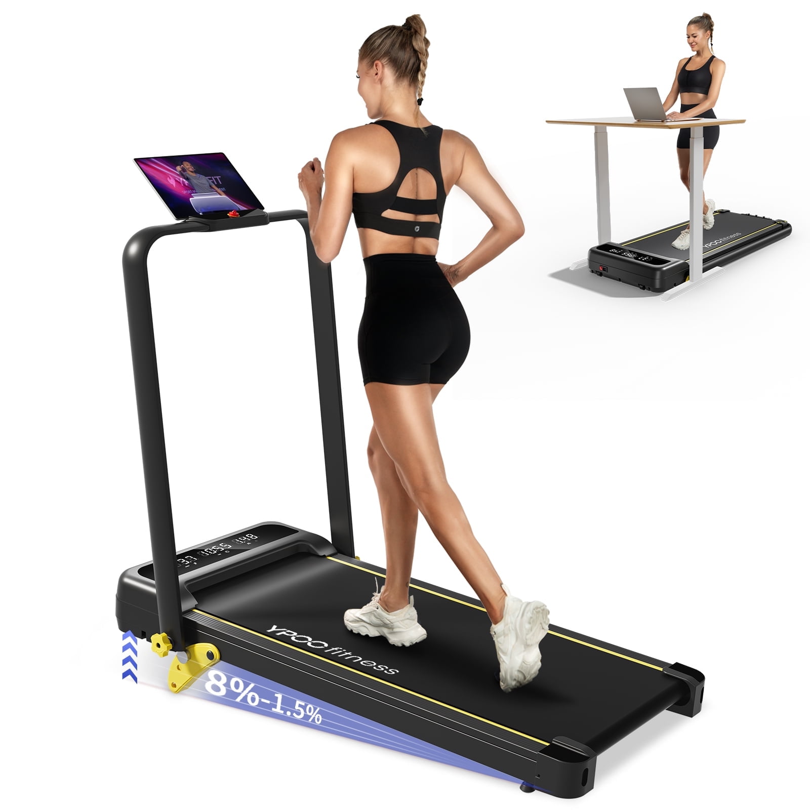 YPOO Foldable Treadmill with Incline, Walking Pad with Handle Bar 3 ...