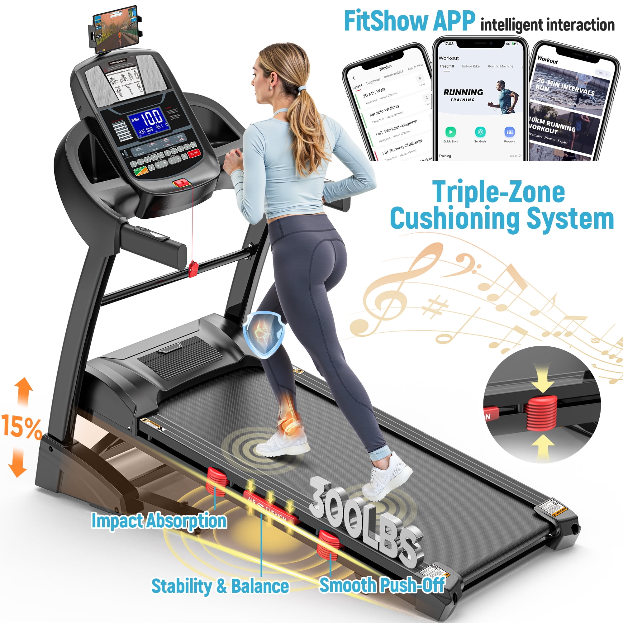 Foldable Treadmill with 4.8HP Motor, 15 Auto Incline Levels, Bluetooth ...