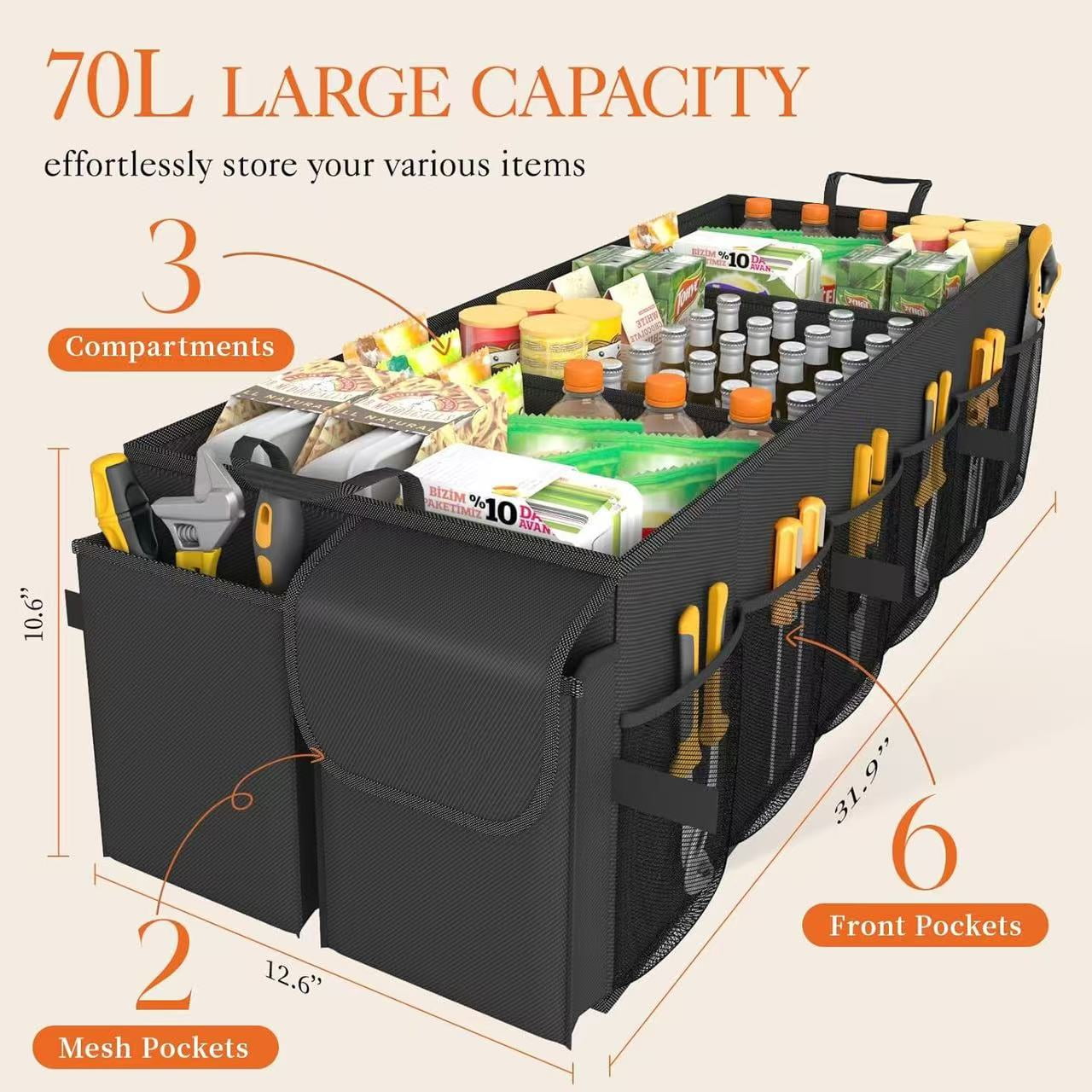 Foldable Trunk Organizer - SUV & Sedan Compatible, 3 Compartment, Black ...