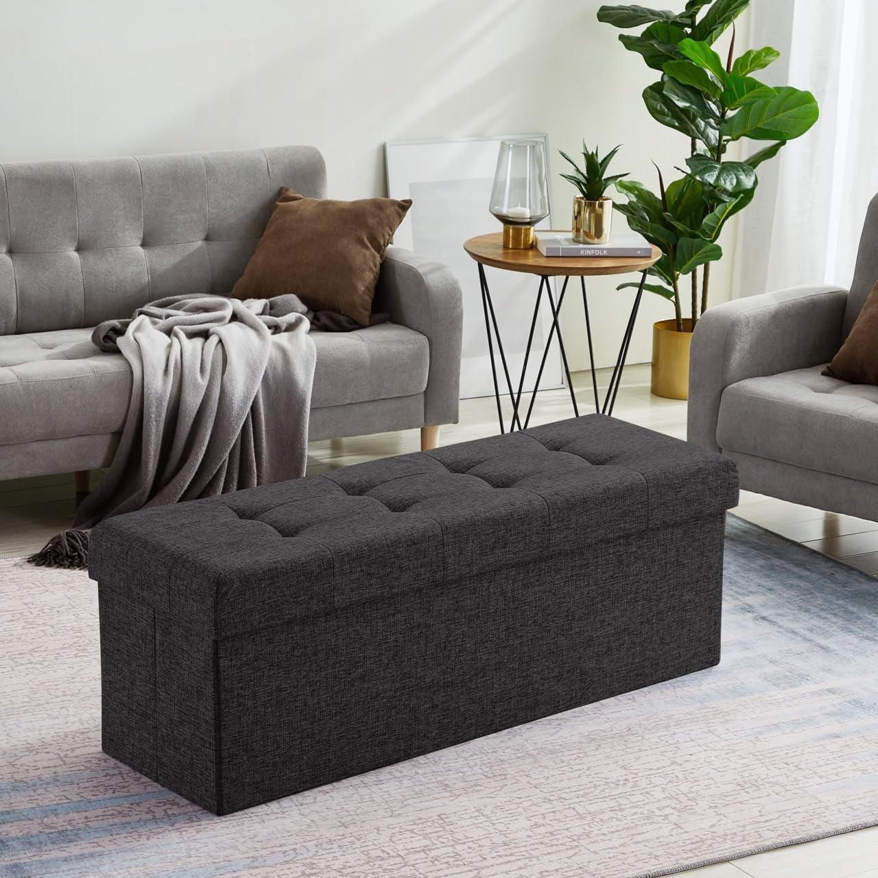 Foldable Tufted Linen Large Storage Ottoman Bench Foot Rest Stool/Seat ...