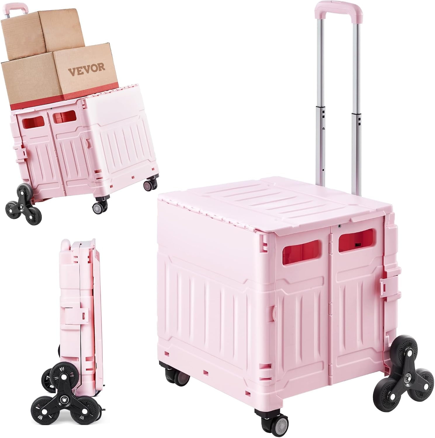 Foldable Utility Cart, 65L Collapsible Portable Crate Rolling Cart with Stair Climbing Wheels ...